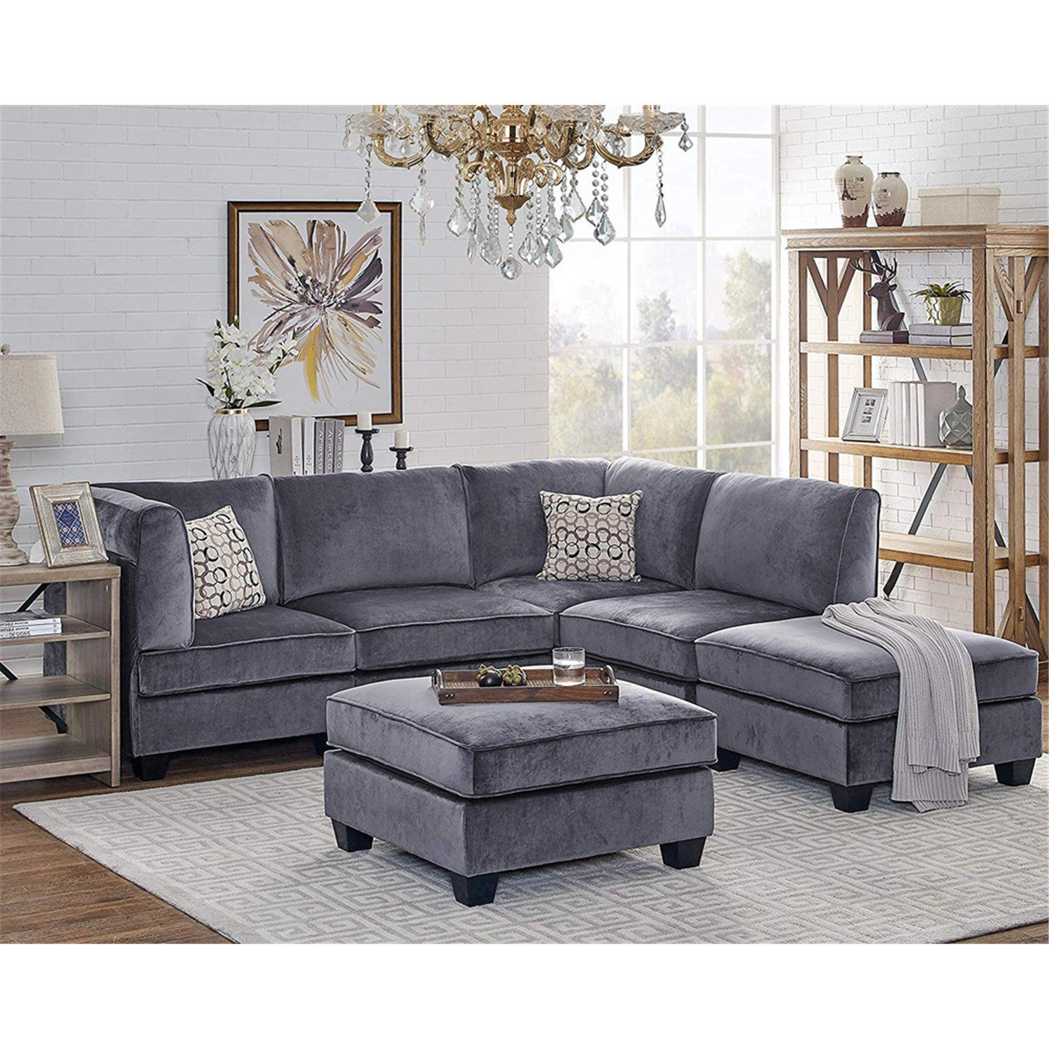 Everly Quinn Medzarents Art Gray Velvet Fabric Reversible Sectional ...