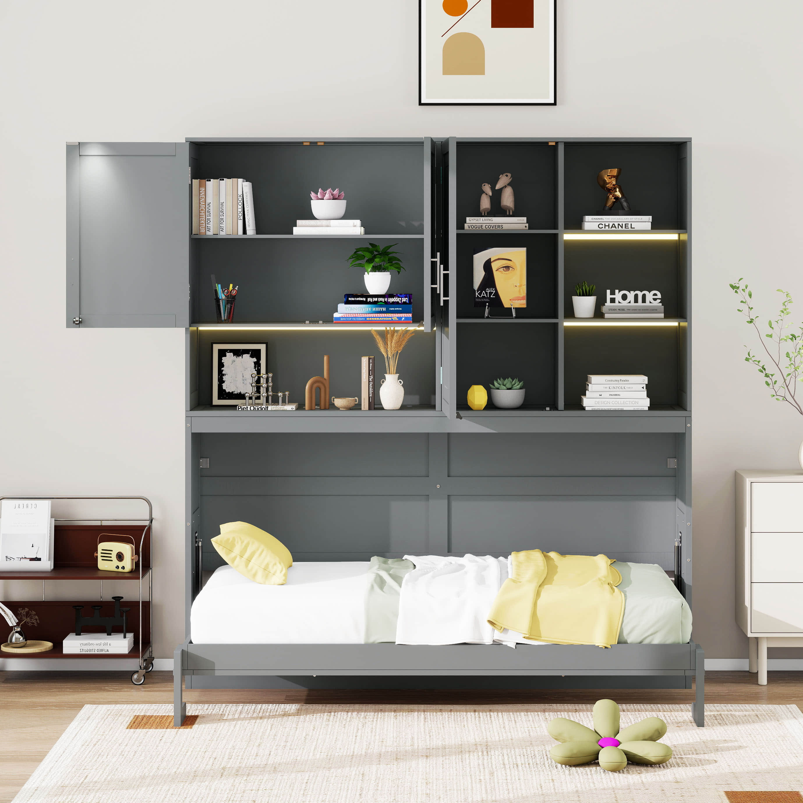 Latitude Run® Twin Murphy Bed With Top Cabinet, LED Light And Charging ...