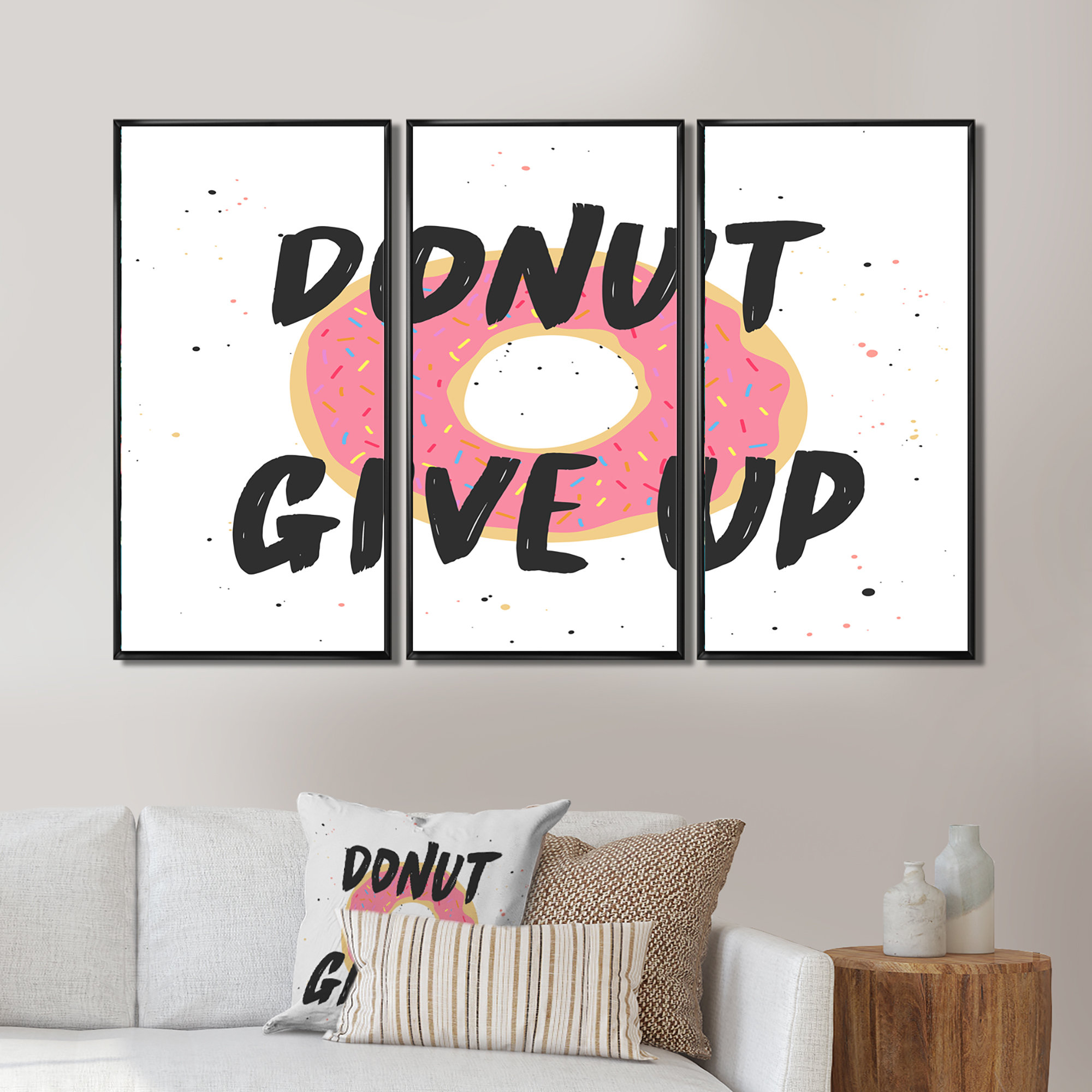 Trinx Donut Give Up - Traditional Framed Canvas Wall Art Set Of 3 ...