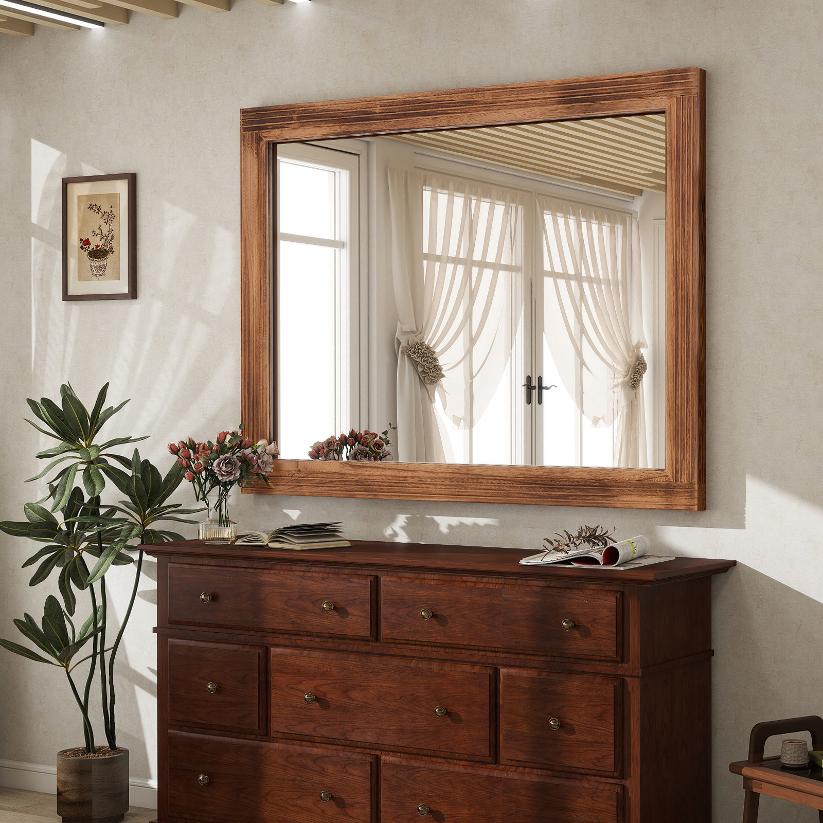 Gracie Oaks Rectangle Wooden Border Wall Mirror Decorative Mirror ...