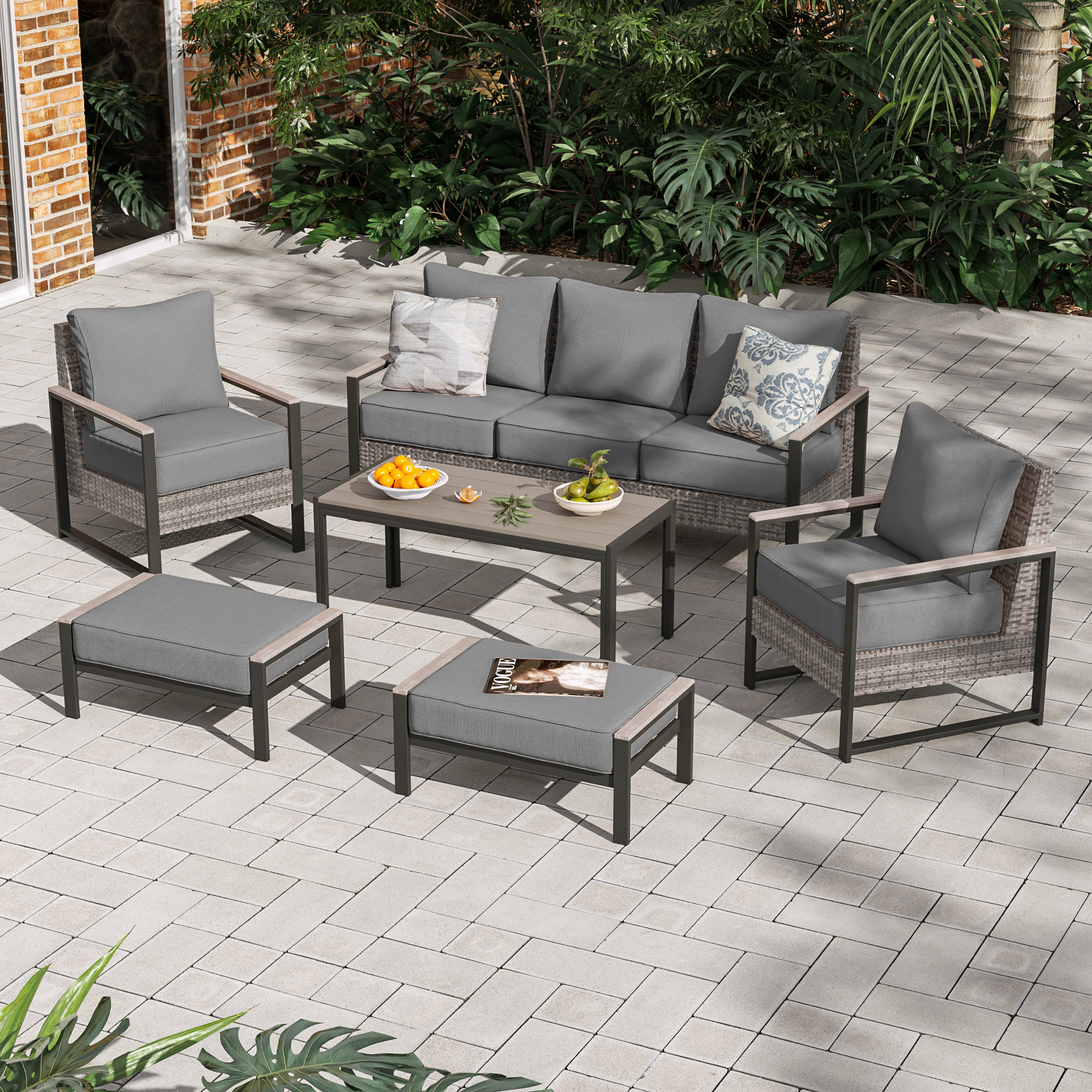 ACEGOSES 6 Piece Wicker Patio Sofa Sets with Ottomans and Table | Wayfair