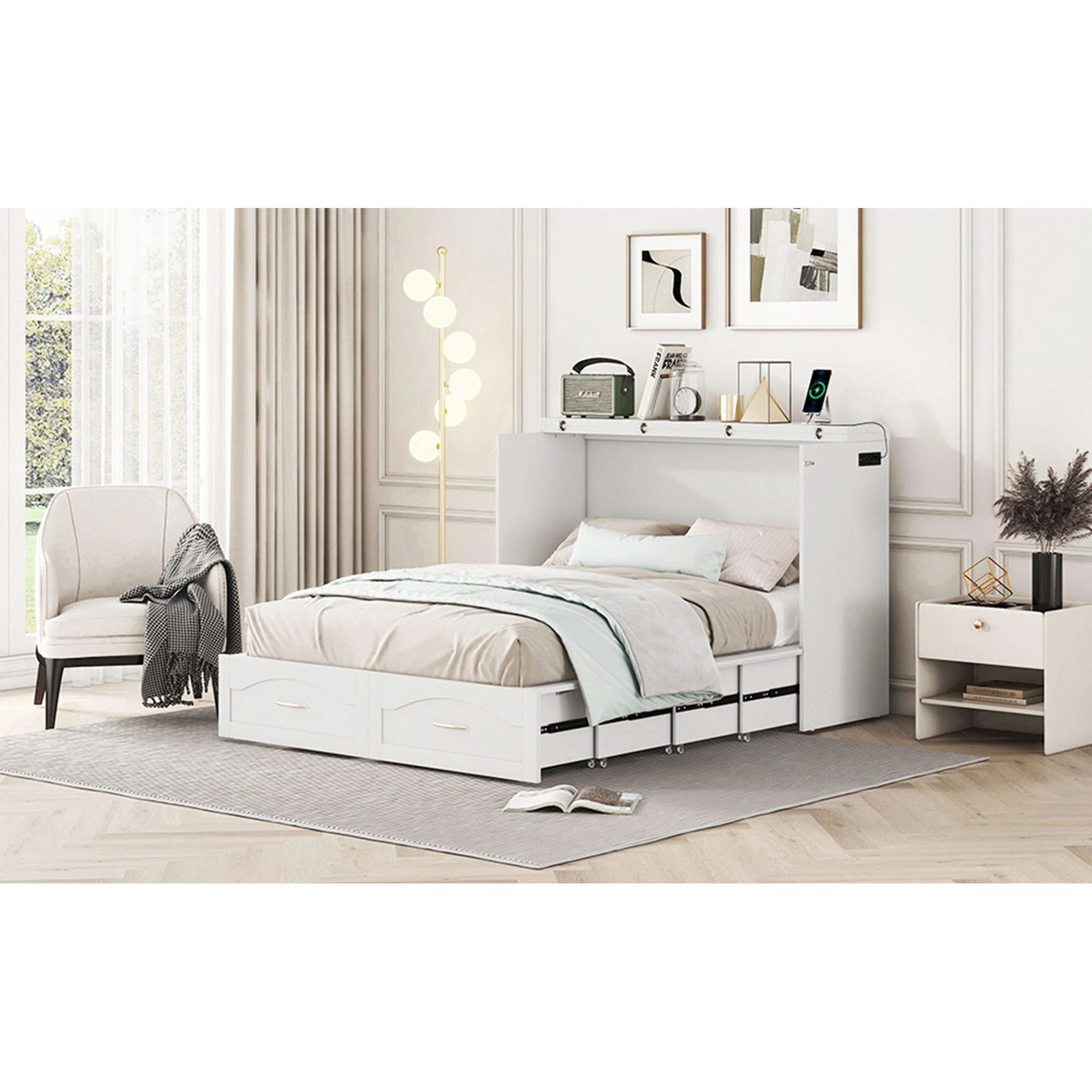 Winston Porter Murphy Bed Wall Bed with drawer and a set of Sockets & USB Ports, Pulley ...