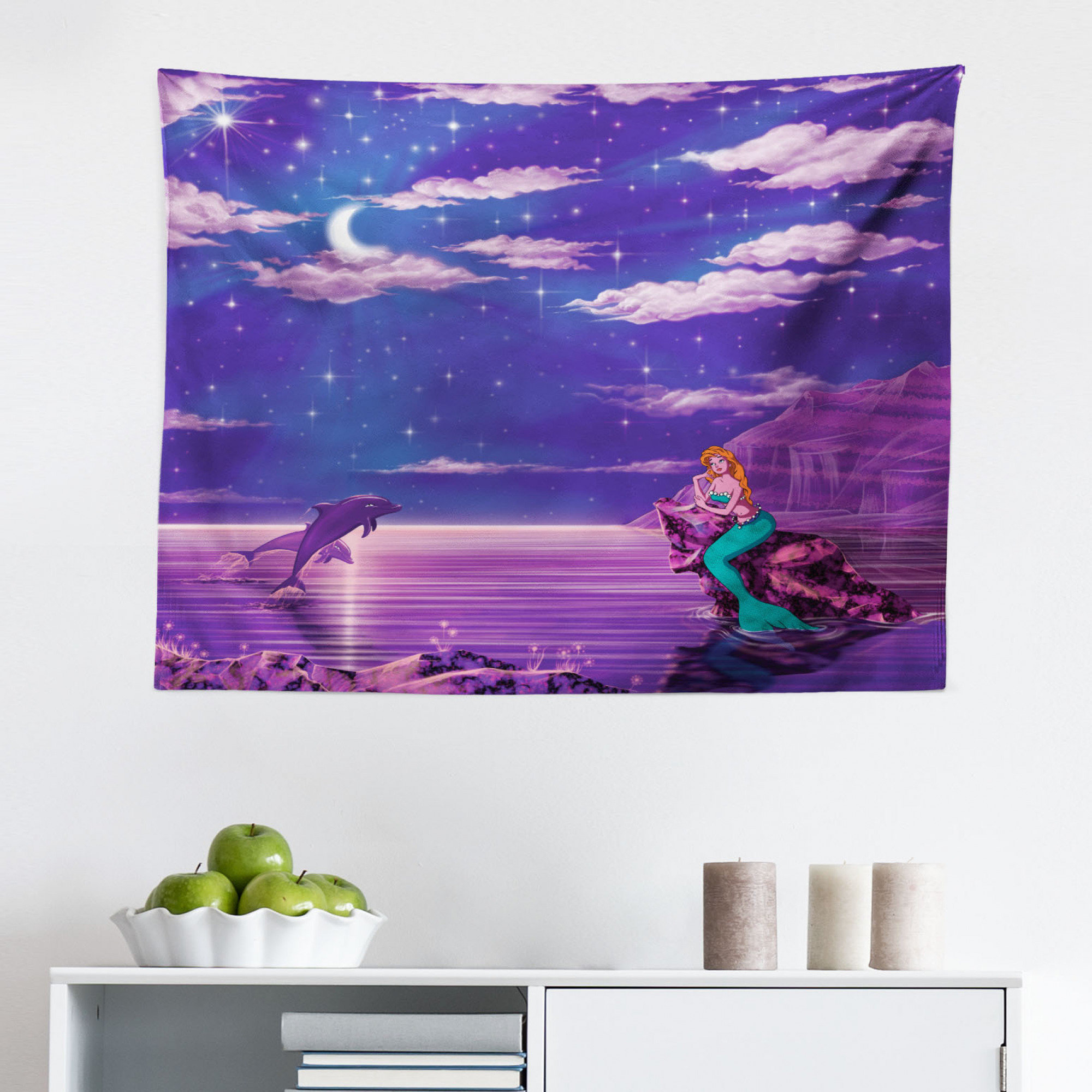 East Urban Home Mermaid Tapestry, Cartoon Style Dolphins And Water ...