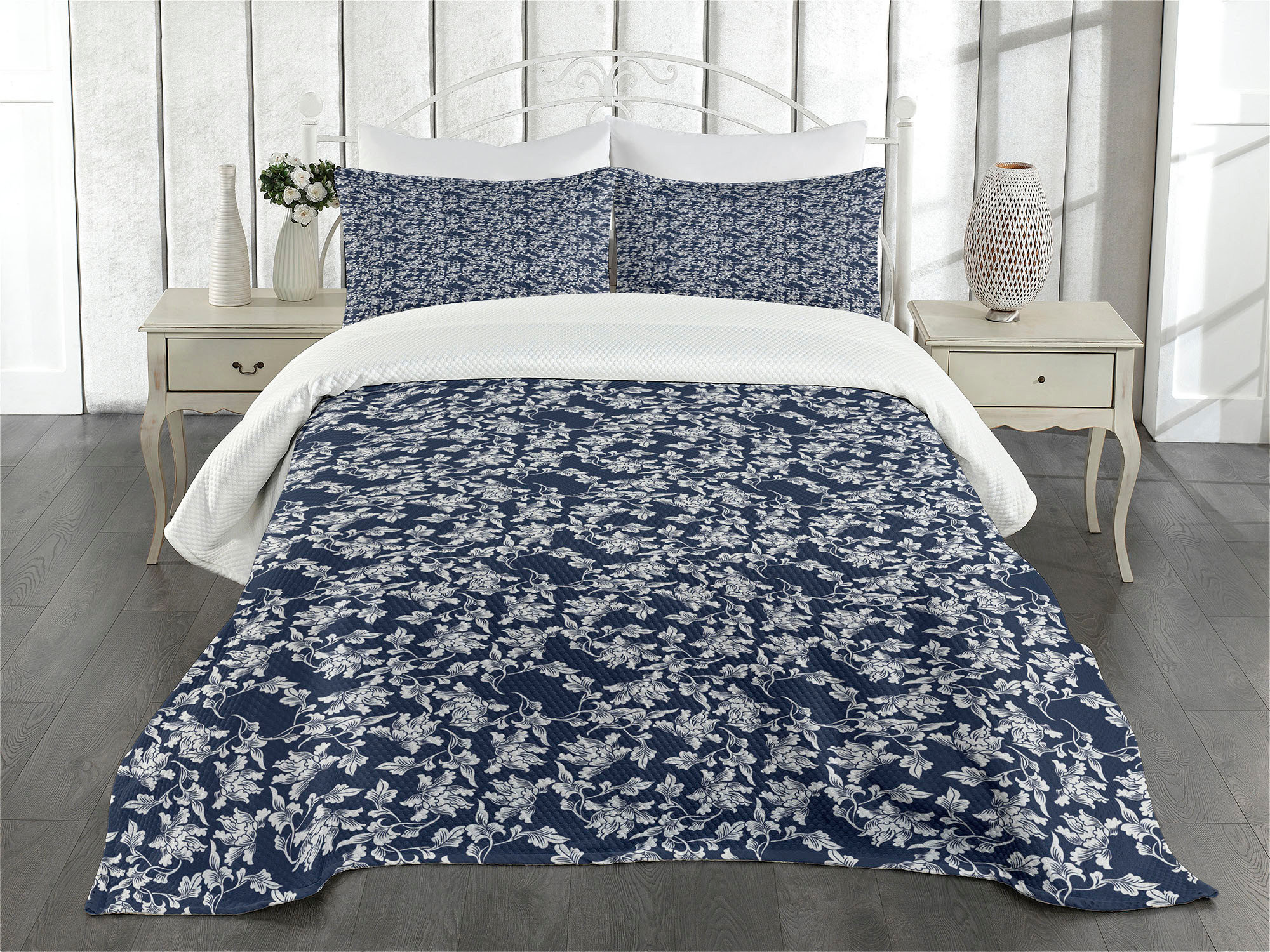 Ambesonne Navy Blue Bedspread Set Floral Botanic Design Dark Blue White ...