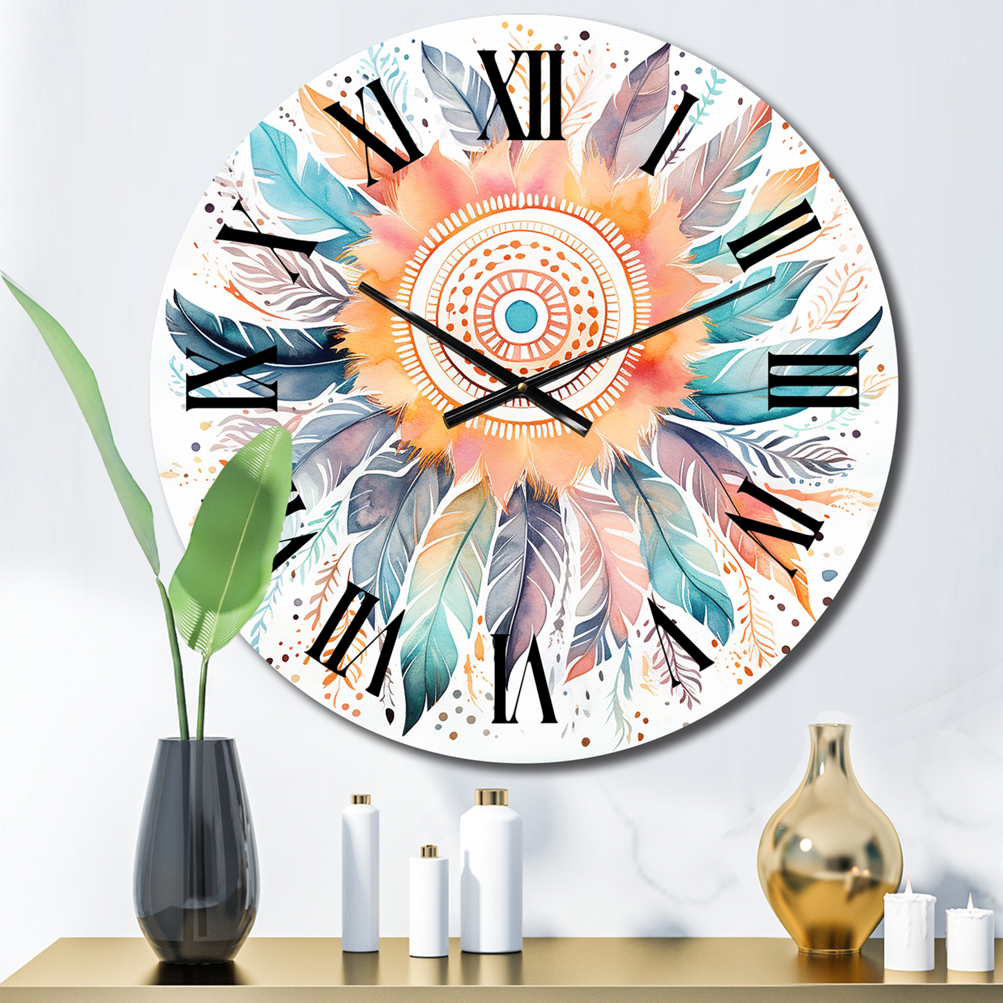 Design Art Pastel Turquoise Boho Dreamcatcher II Metal Wall Clock | Wayfair