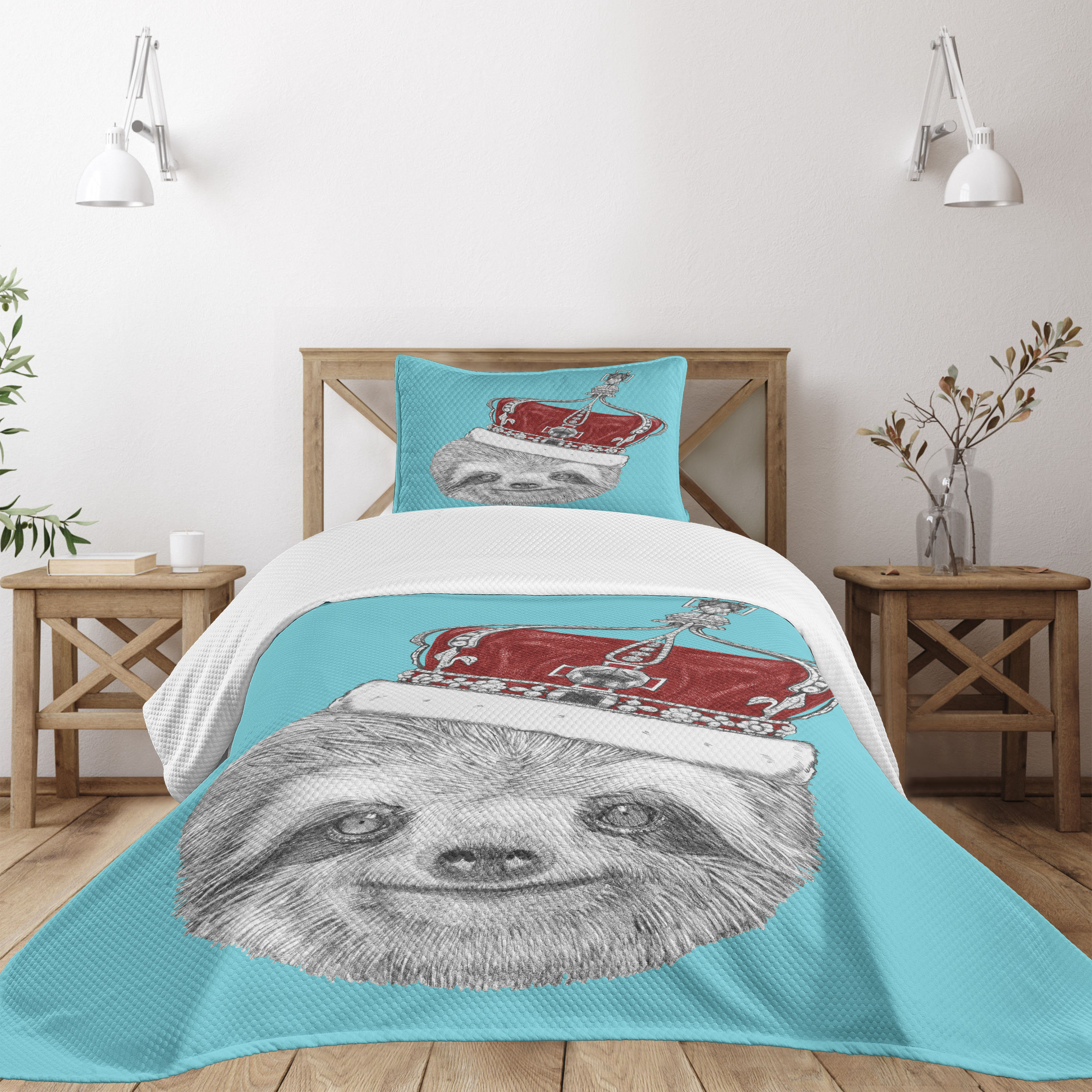 Ambesonne Sloth Bedspread Set Sloth with Imperial Crown Aqua Burgundy ...