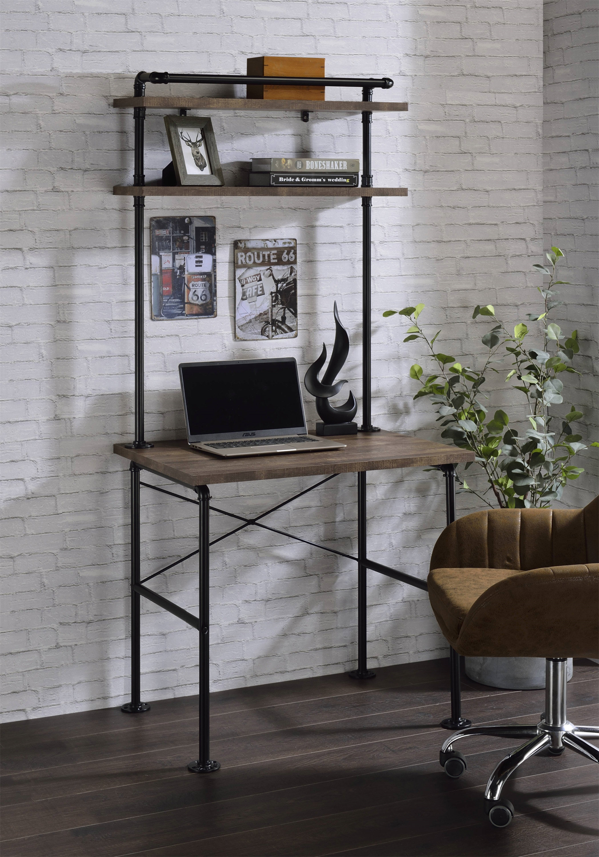17 Stories Rustic Oak And Black 2-Shelf Writing Desk | Wayfair