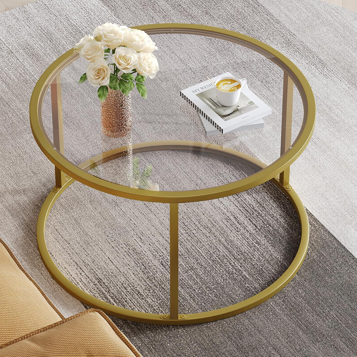 Mercer41 Small Glass Coffee Table Round Gold Coffee Table for Small ...
