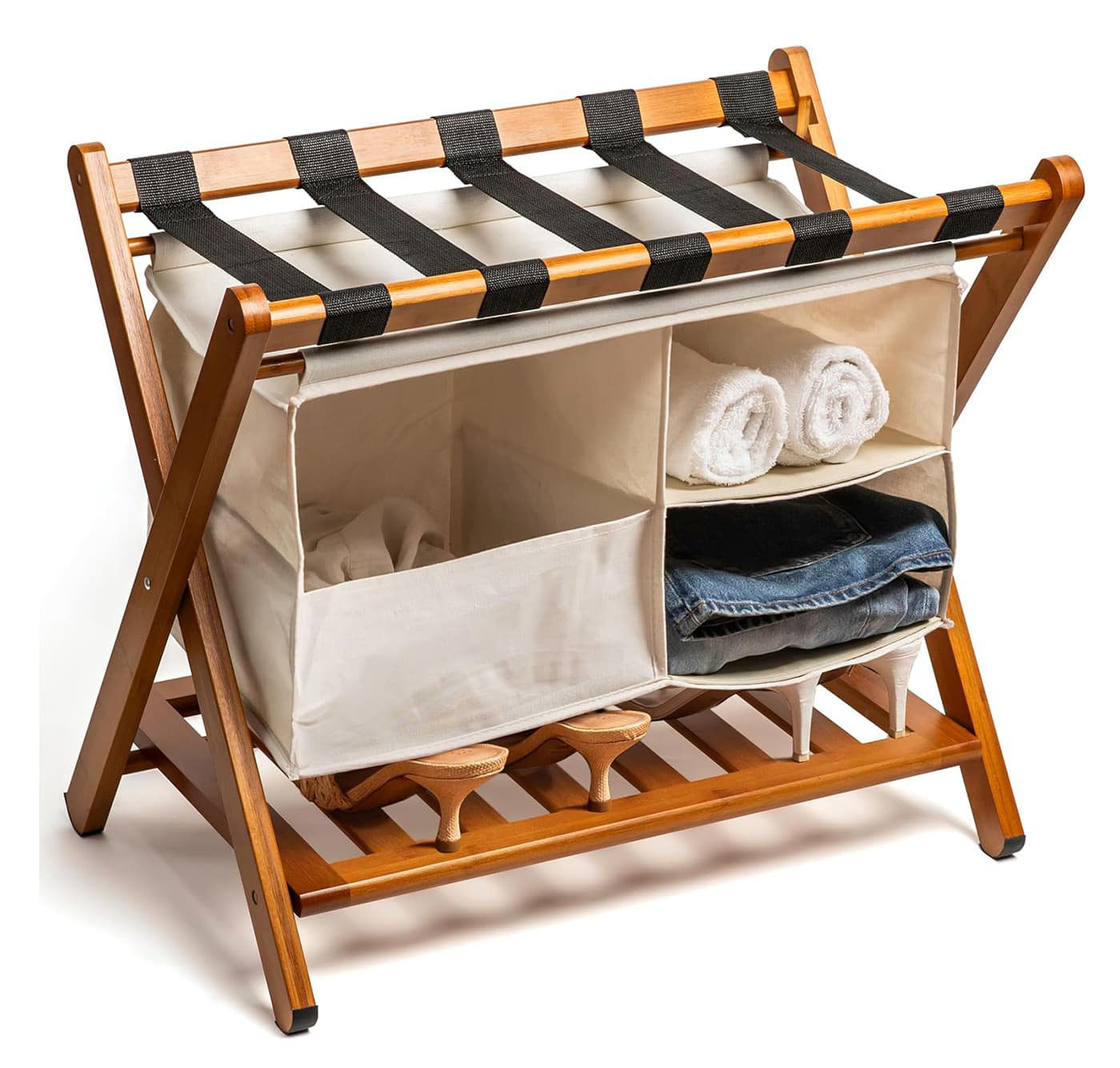 FULOFY Fully Assembled Bamboo Luggage Rack with Bag & Shelf, 150 lbs ...
