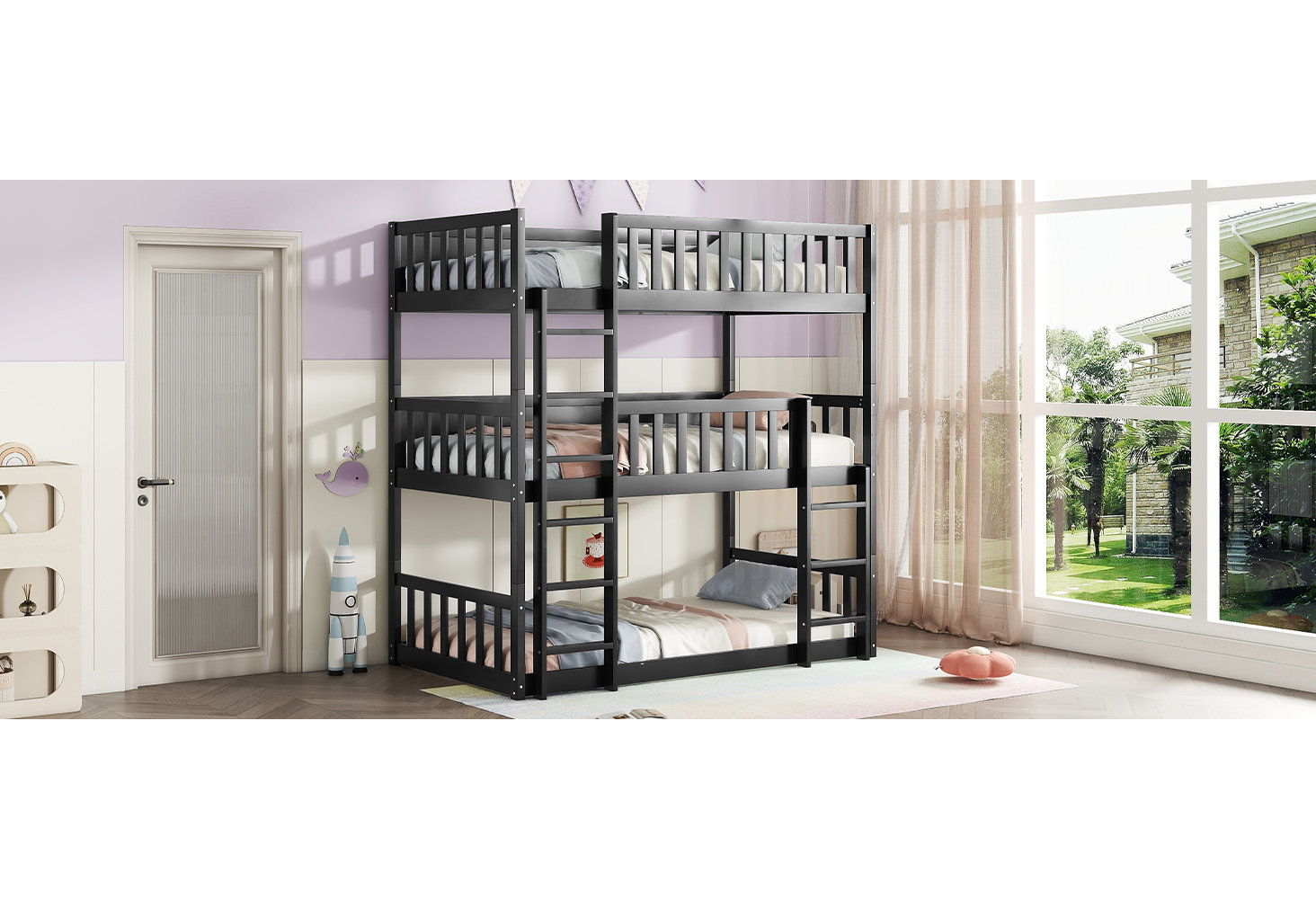 Harriet Bee Twin Size Triple Rubber Wood Bunk Bed, With Ladders ...