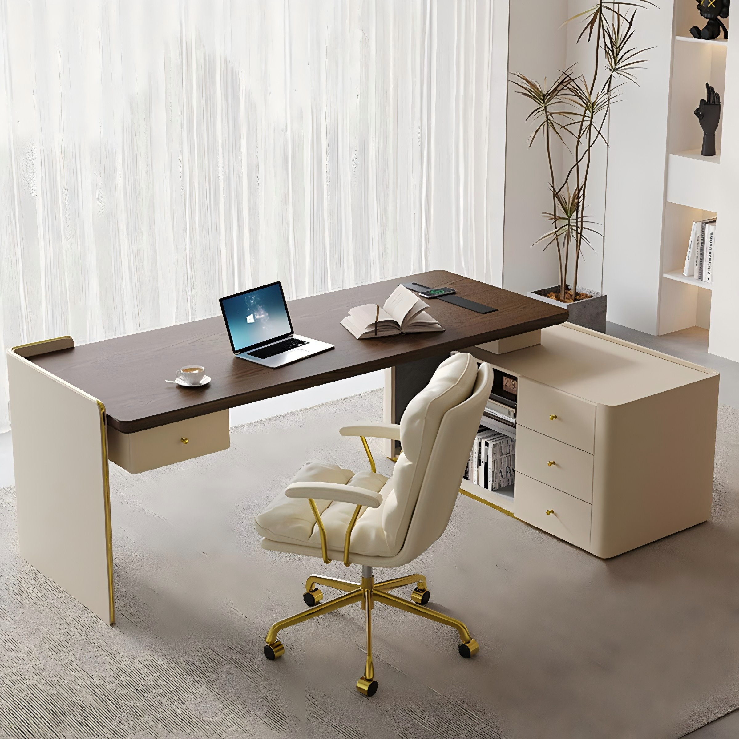 DECADANZ Beige L-Shaped Solid + Manufactured Wood Executive Desk with ...