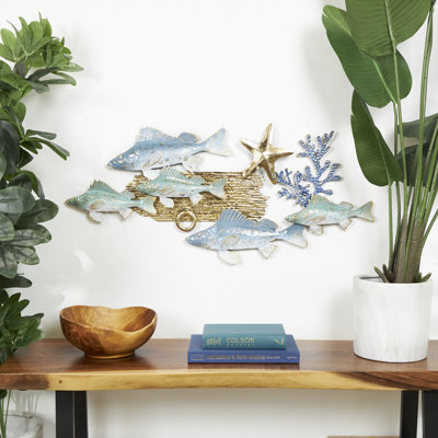Dovecove Metal Fish Blue Wall Decor with Gold Frames and Coral ...