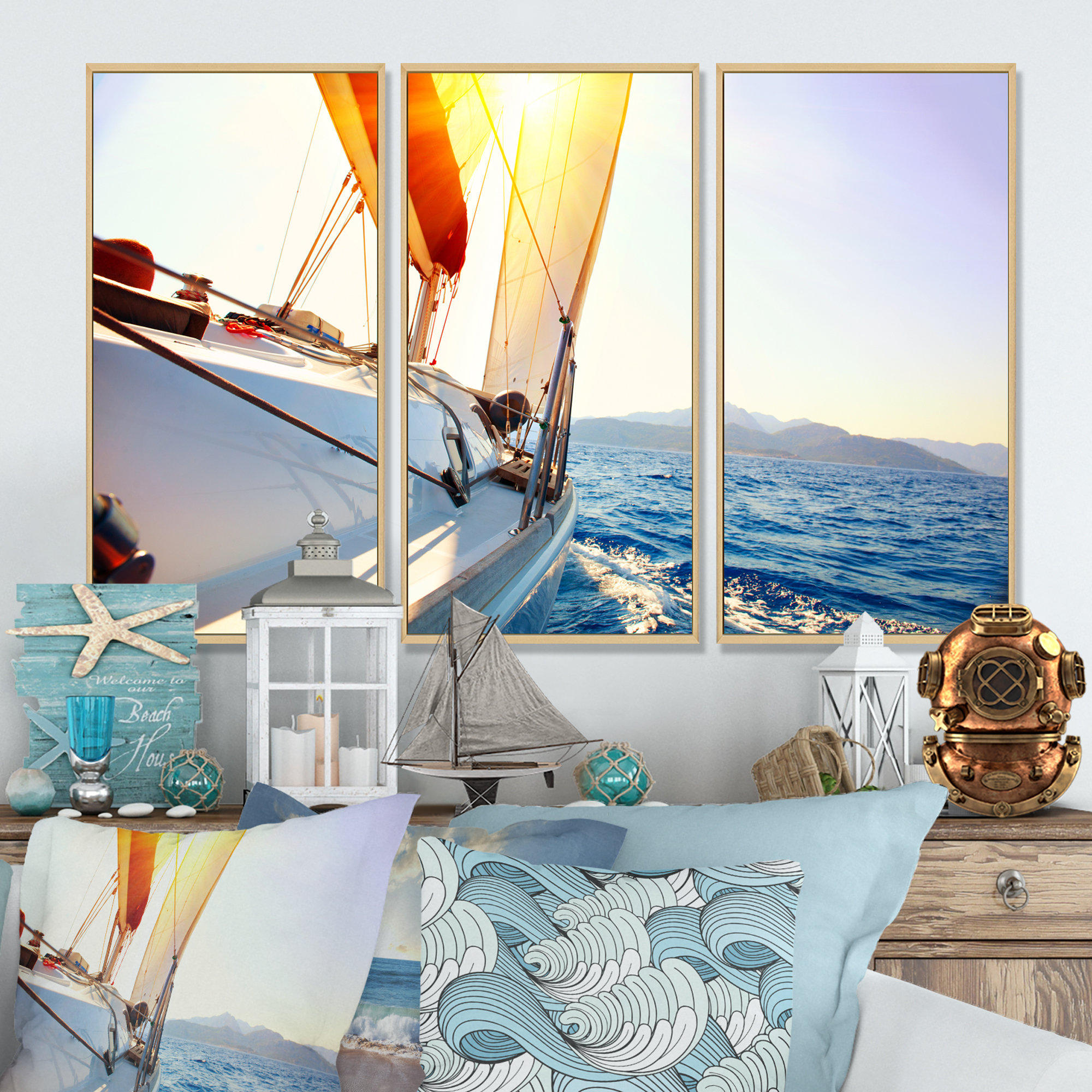 Breakwater Bay Sailboat Sailing in the Blue Sea - 3 Piece Floater Frame ...