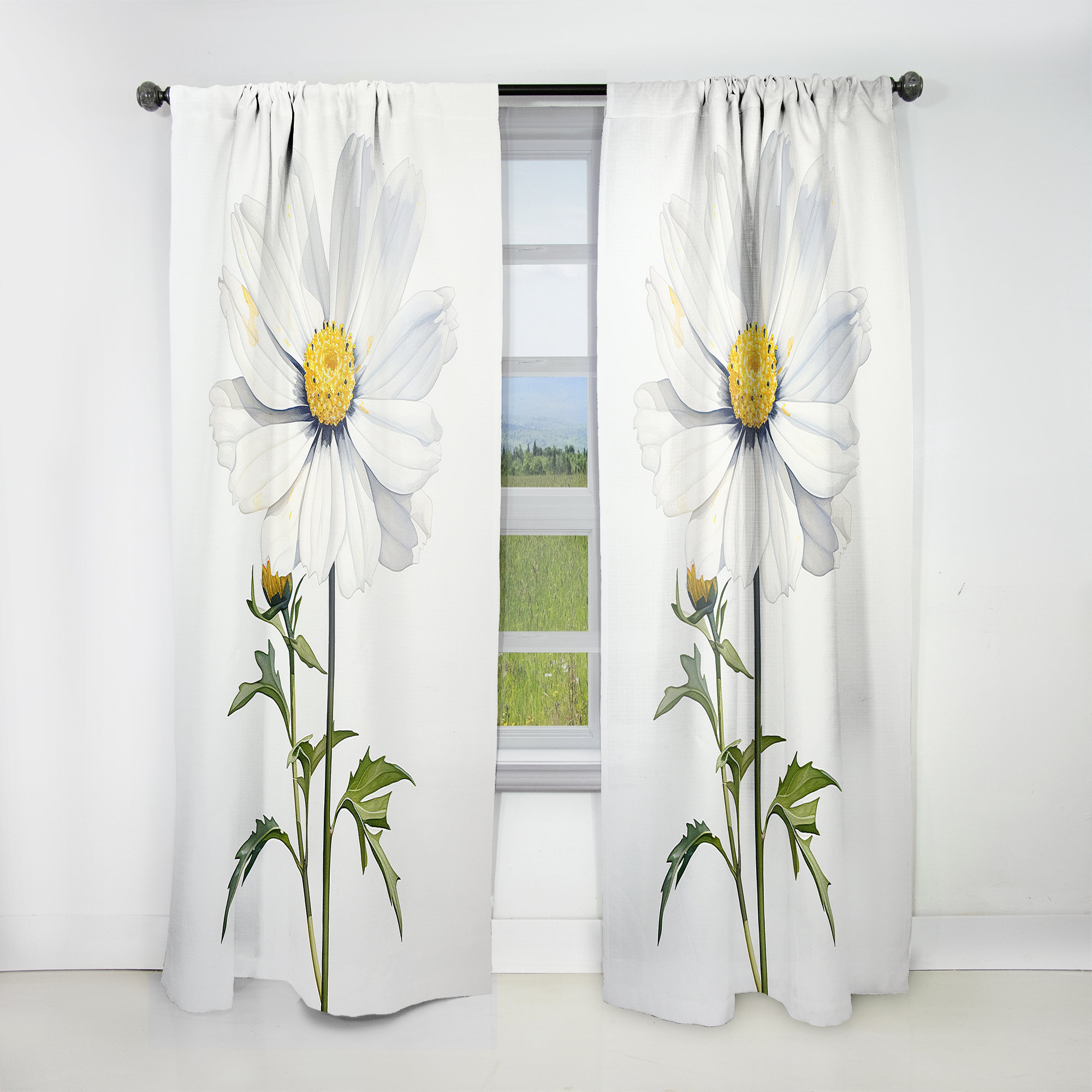 Design Art White Daisies Sublime Simplicity II - Flower Curtain - Room Darkening Floral Curtain ...