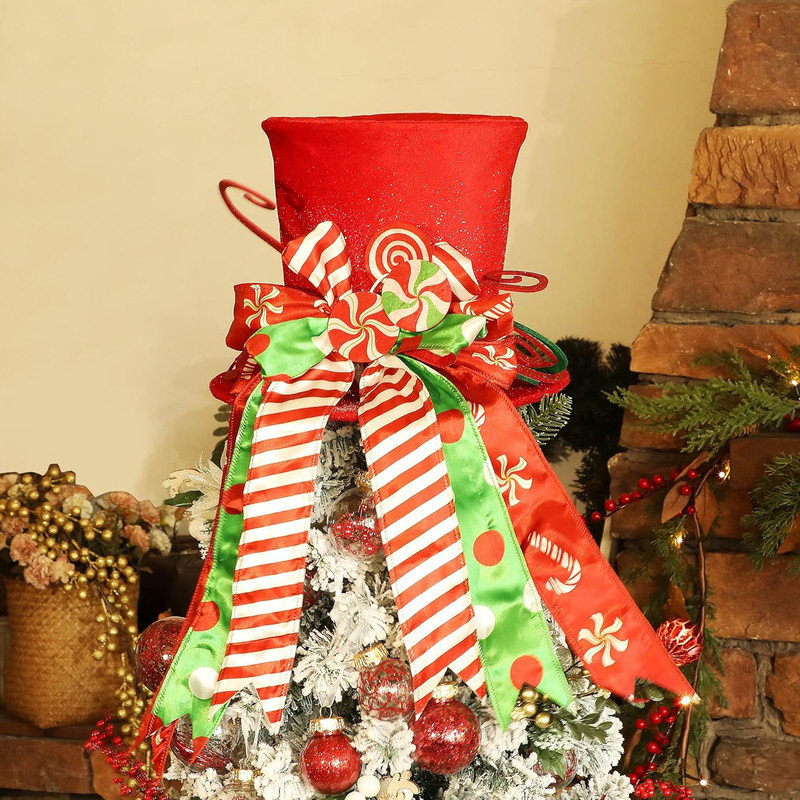 NOMBEL Christmas Tree Topper Hat, Velvet Hat with Red Buffalo Plaid Bow ...