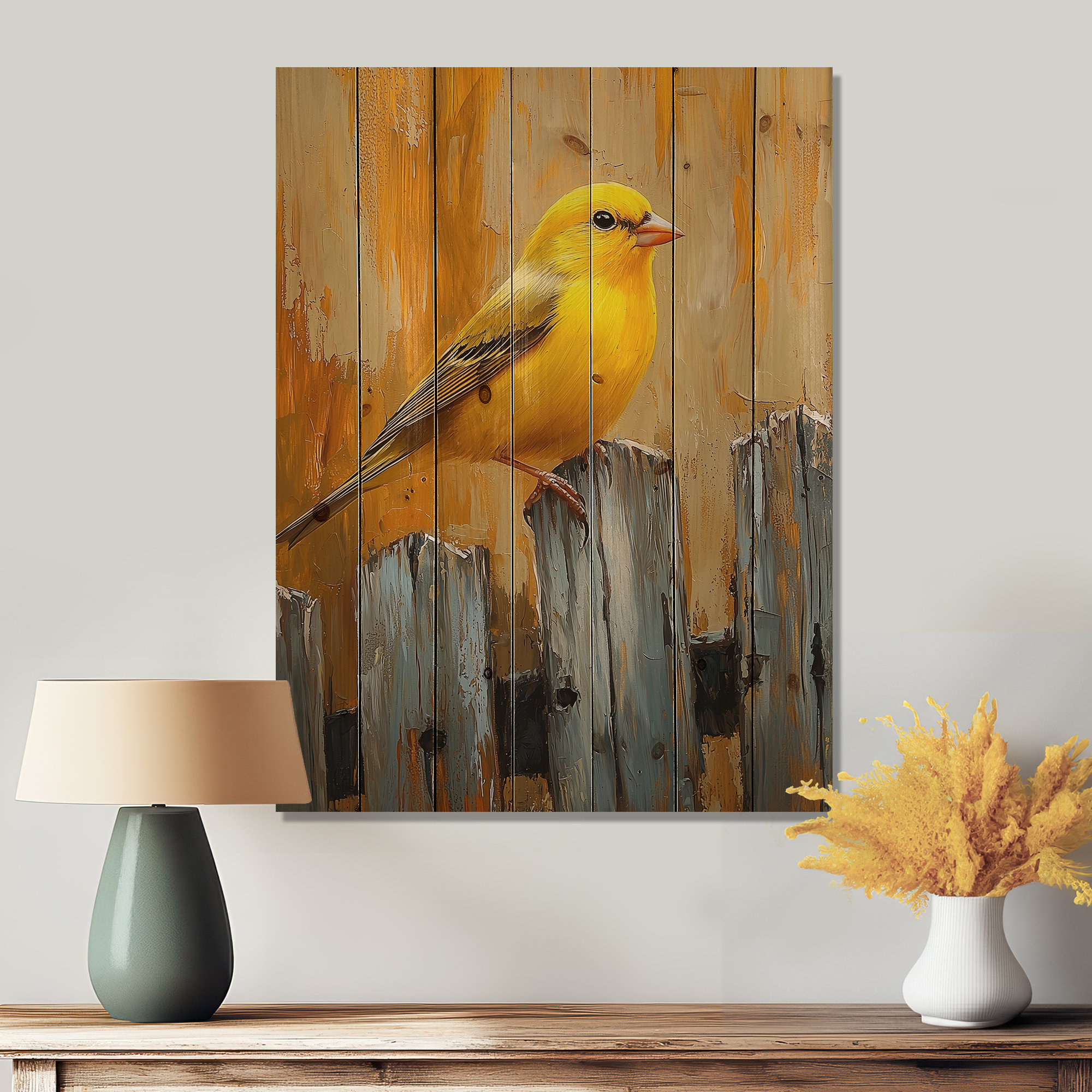 Ophelia & Co. Finch Bird On The Barnyard Fence II - Bird Wood Wall ...