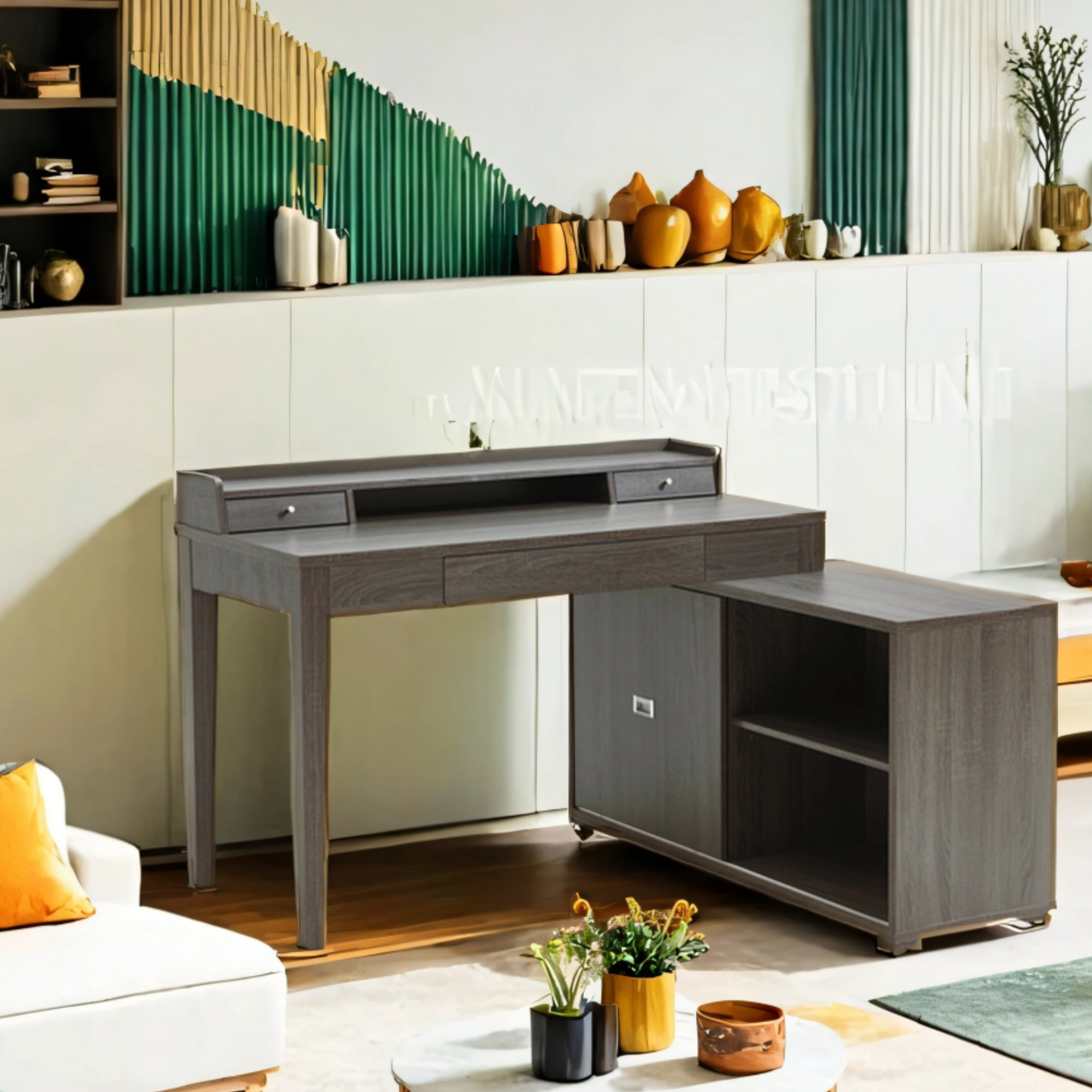 Latitude Run® L-shaped Domestic Grey Desk With Return Cabinet, Sliding ...