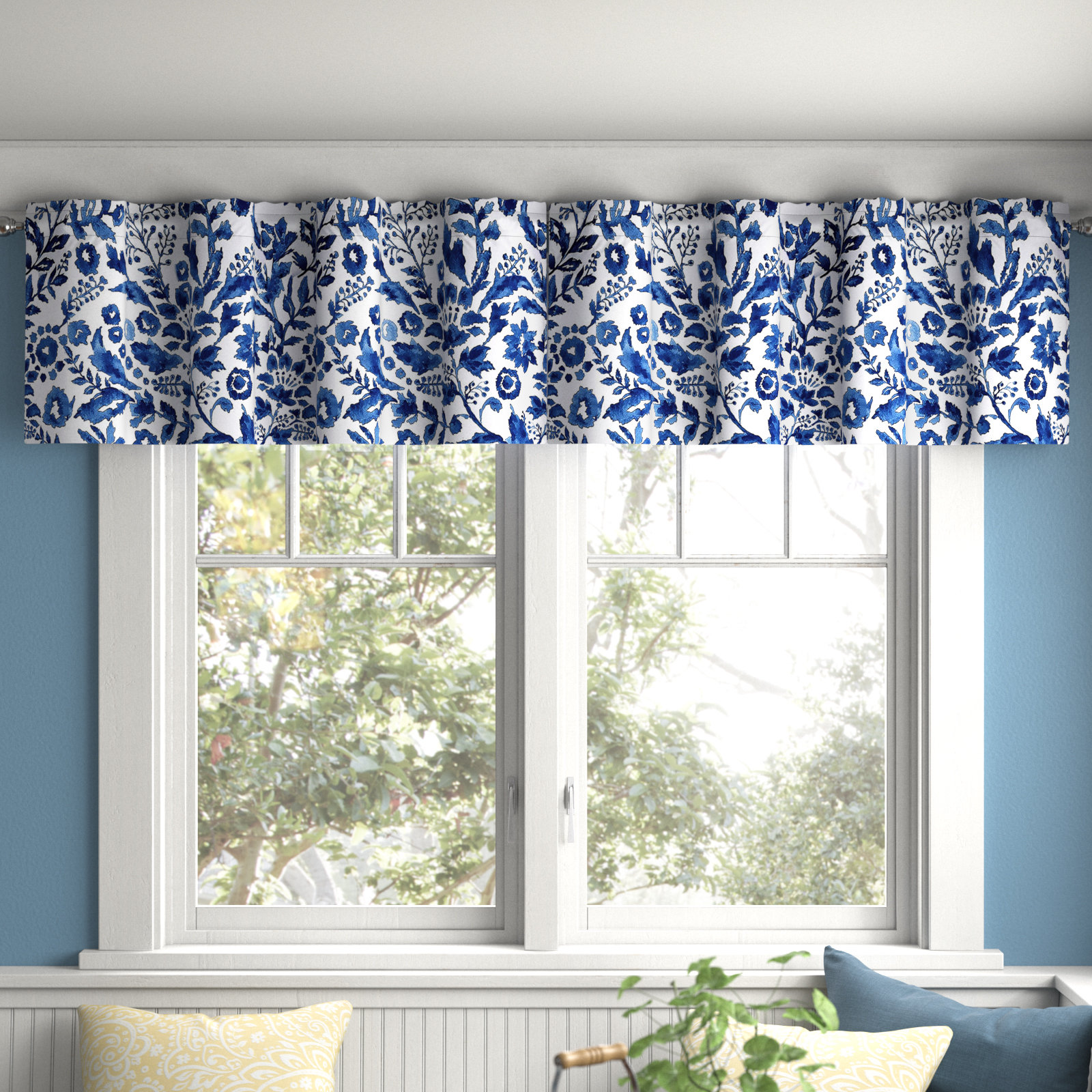 Andover Mills™ Javier Floral Tailored 52" Window Valance in White/Navy ...