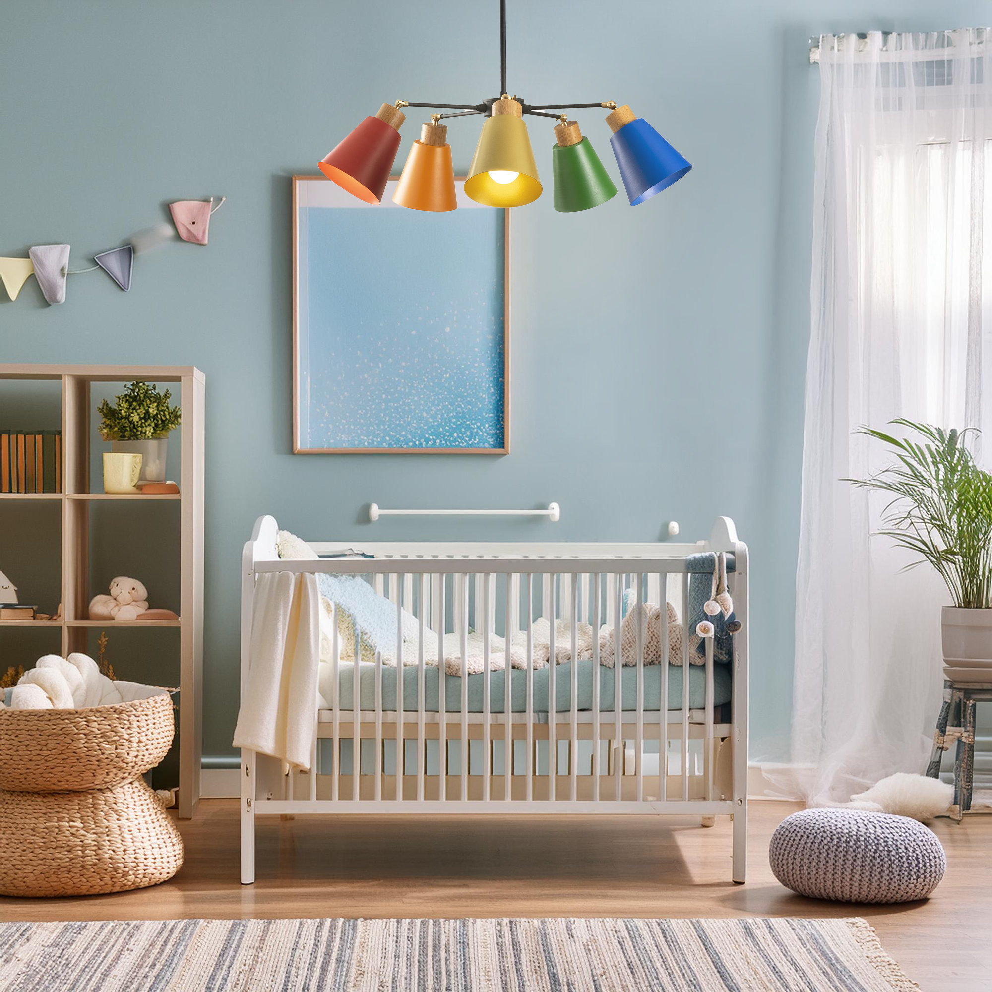Orren Ellis 5 Lights Wooden Base Colorful Caps Chandelier | Wayfair