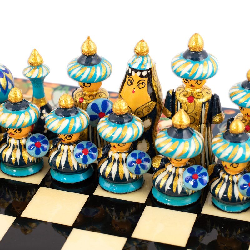 World Menagerie Crader Blue Bukhara Folklore Wood Chess Set | Wayfair
