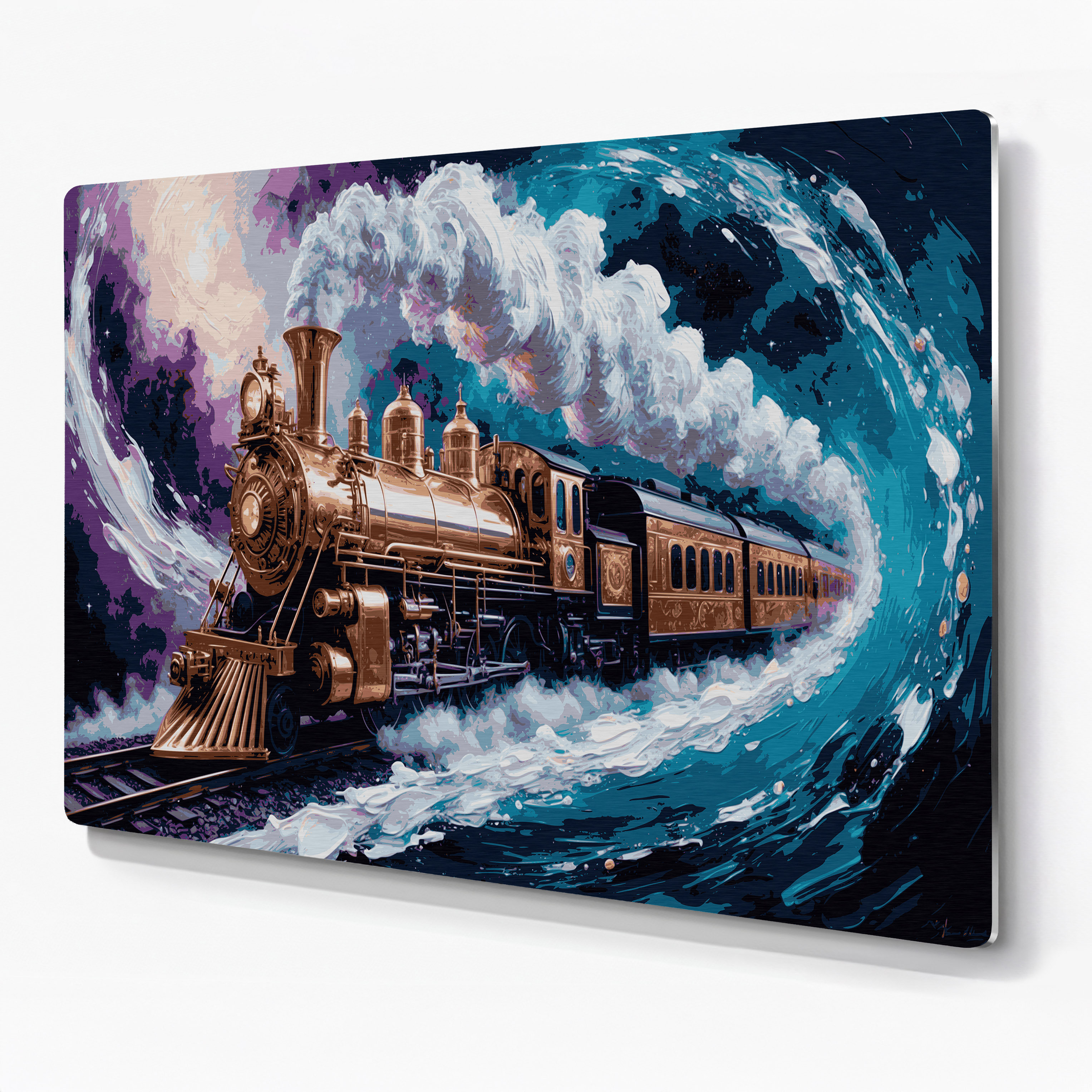 Ivy Bronx SciFi Steam locomotive space train Purple Metal Wall Art ...