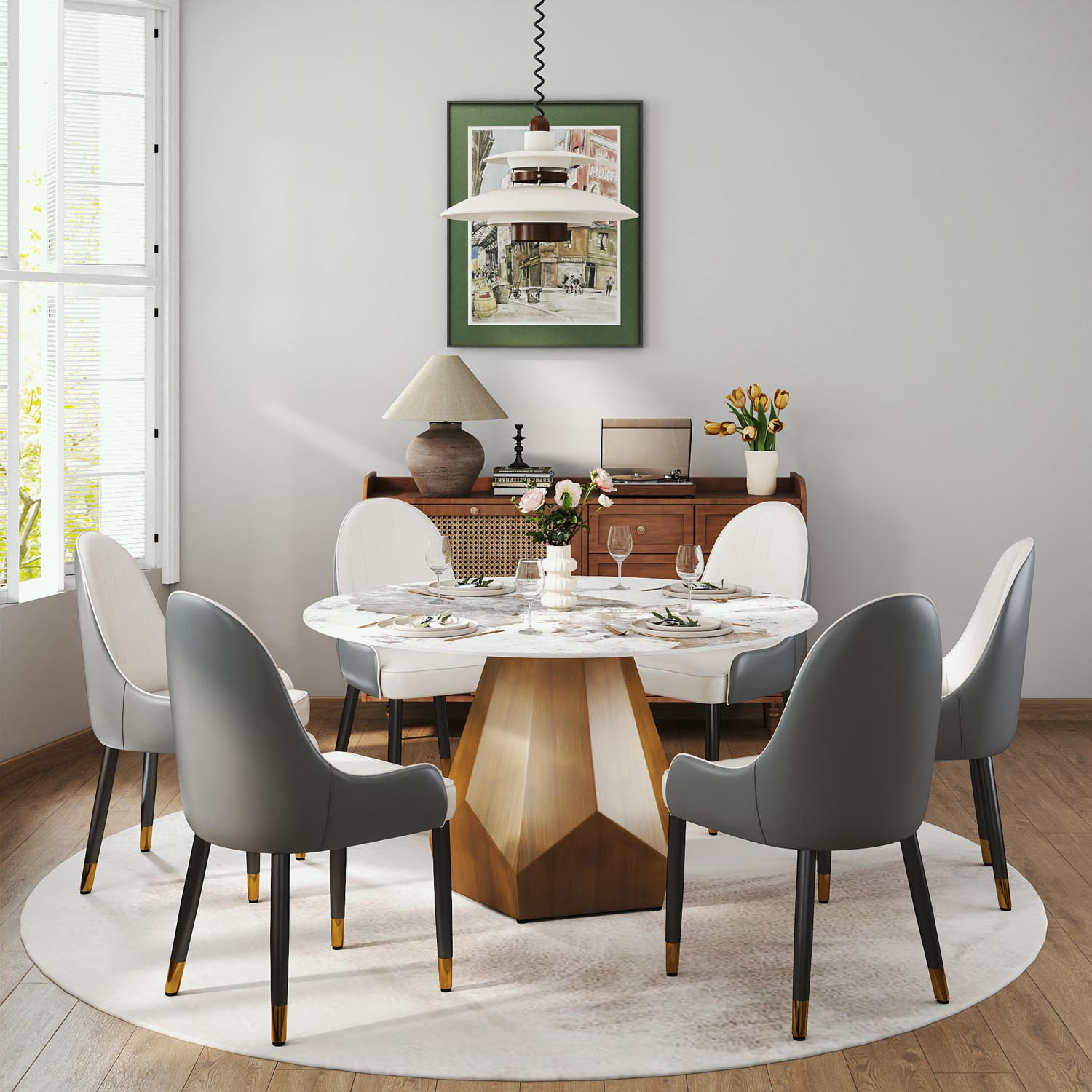 Hokku Designs 7 picec Round Marble Dining Table with Metal Base | Wayfair