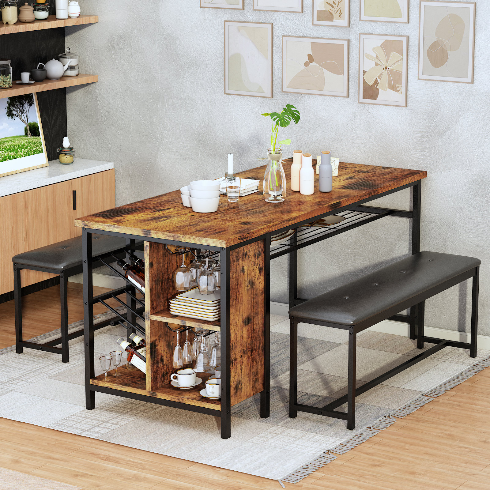 17 Stories 4 People Dining Table And Chair Set, Antique Color Dining ...