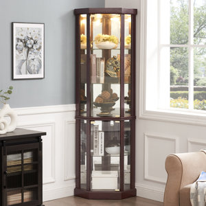 Winston Porter Corner Lighted Curio Cabinet Corner Glass Cabinet ...