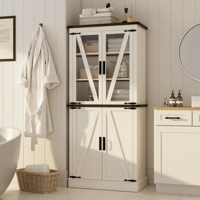 Gracie Oaks 71" Kitchen Pantry With Transparent Upper Doors, 3 Sliding ...