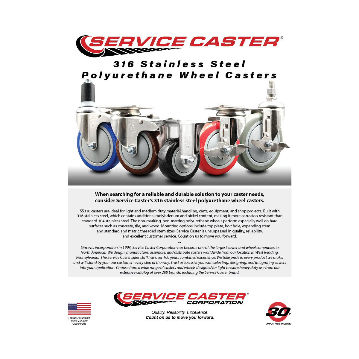 Service Caster 3.5 Inch 316SS Red Polyurethane Swivel ½ Inch Threaded ...