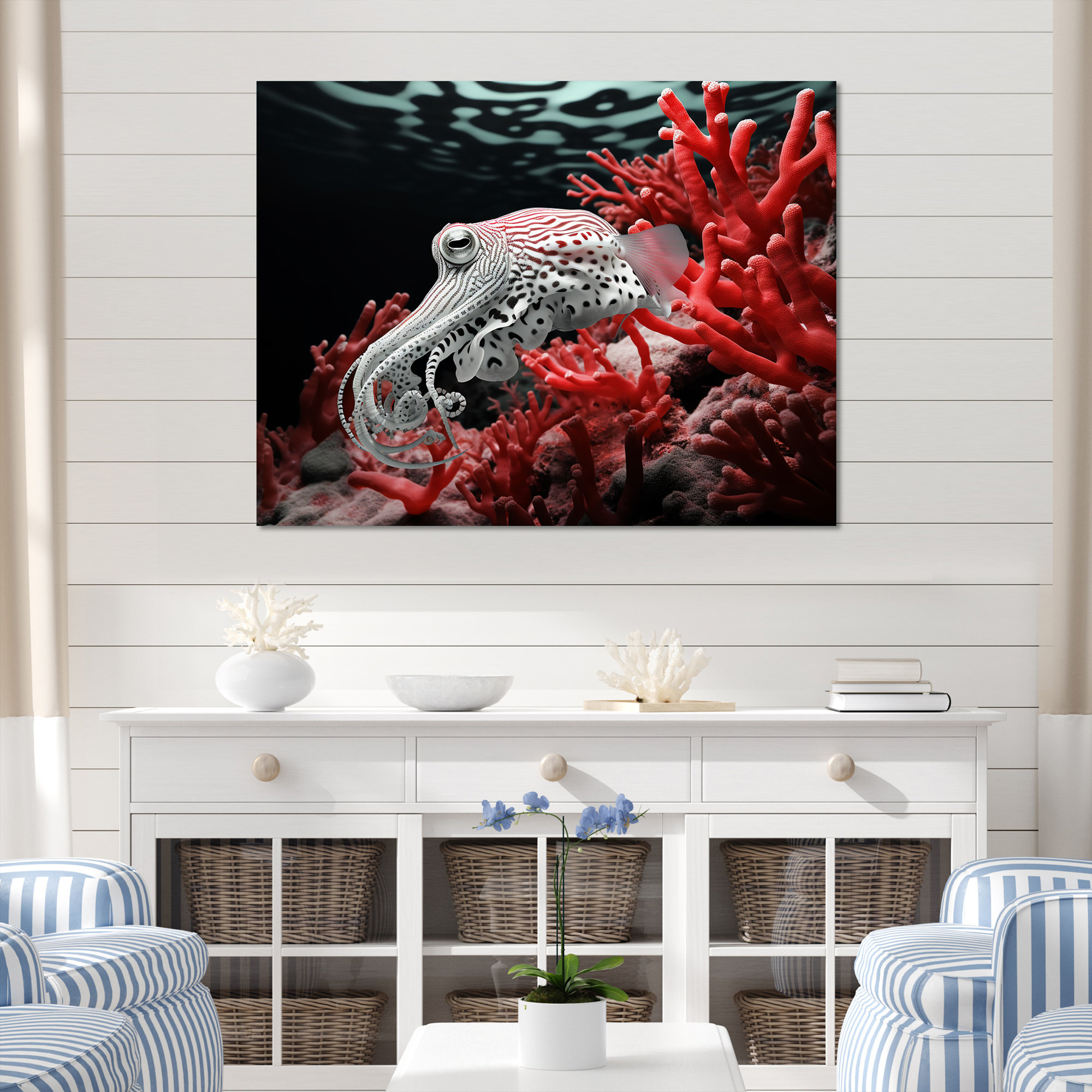 Design Art Monochrome Black And Red Cuttlefish - Beach & Ocean Wall ...