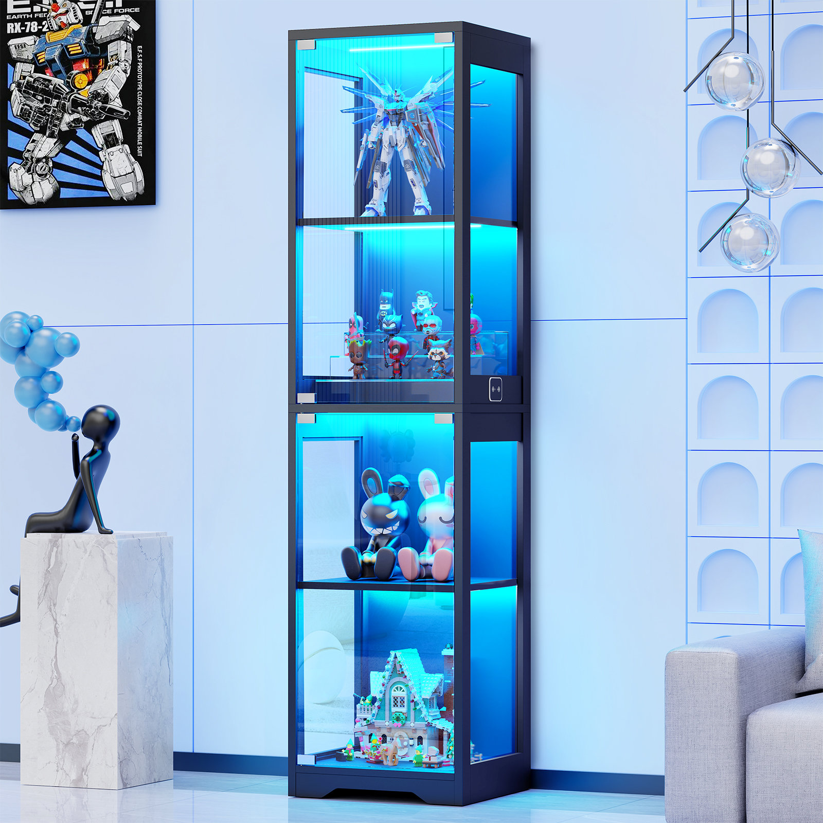 Wrought Studio Glass Display Cabinet, 4-Tier Curio Cabinet with 3 ...