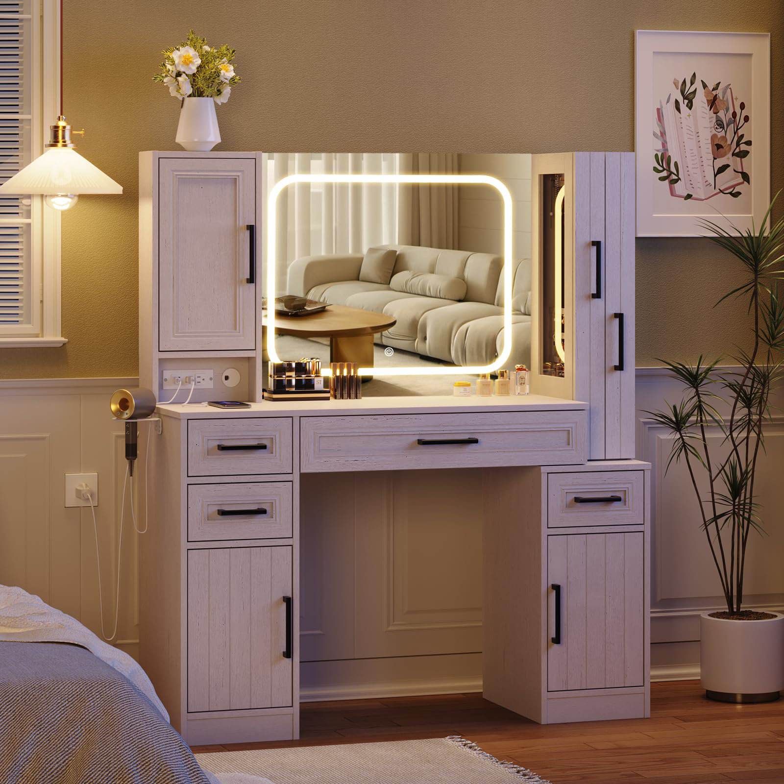 Brayden Studio® Vanity Desk With Large Led Mirror And Power Outlet ...