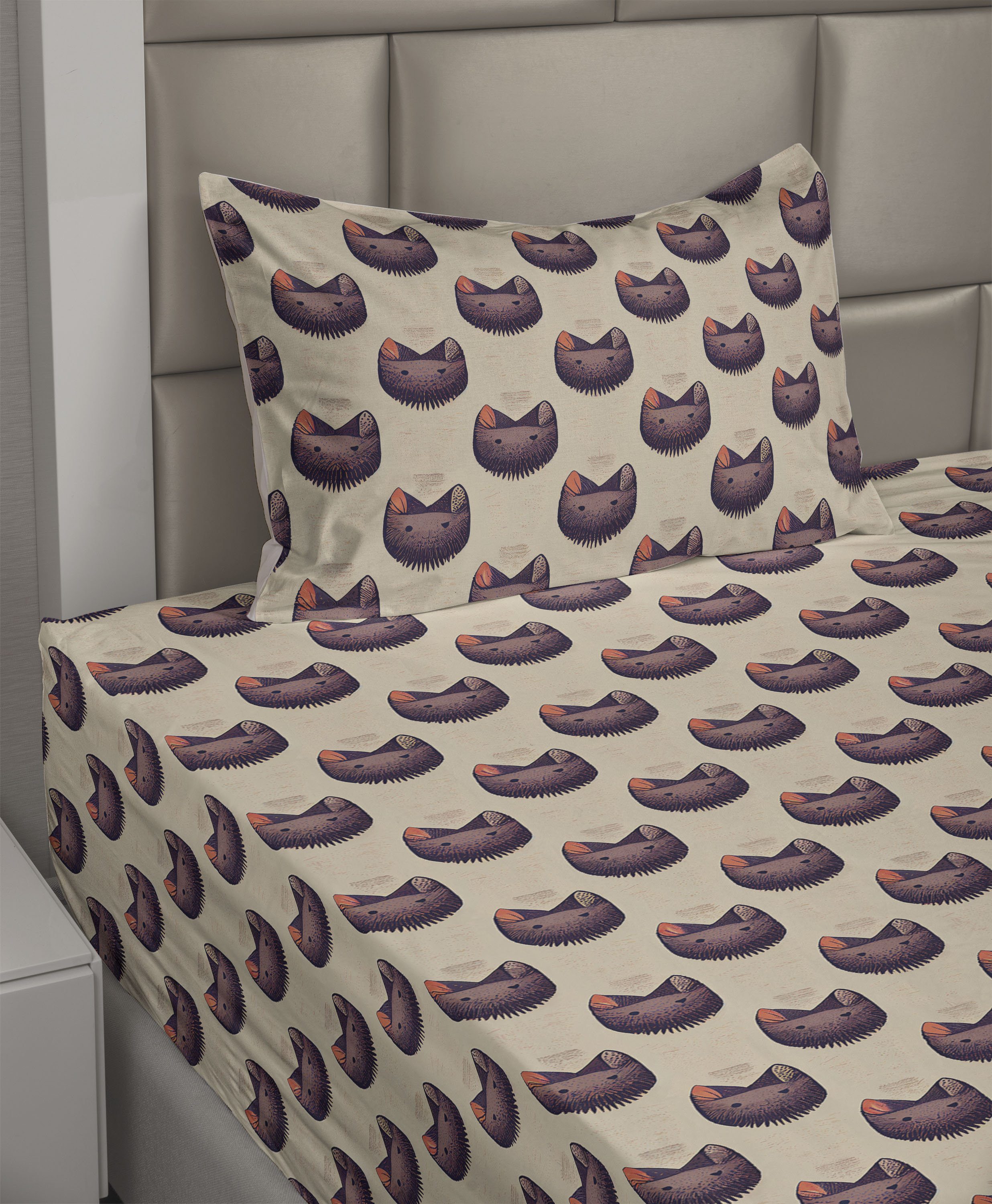Ambesonne Cat Sheet Set Kitty Funny Animal Cartoon Art Beige Eggplant ...