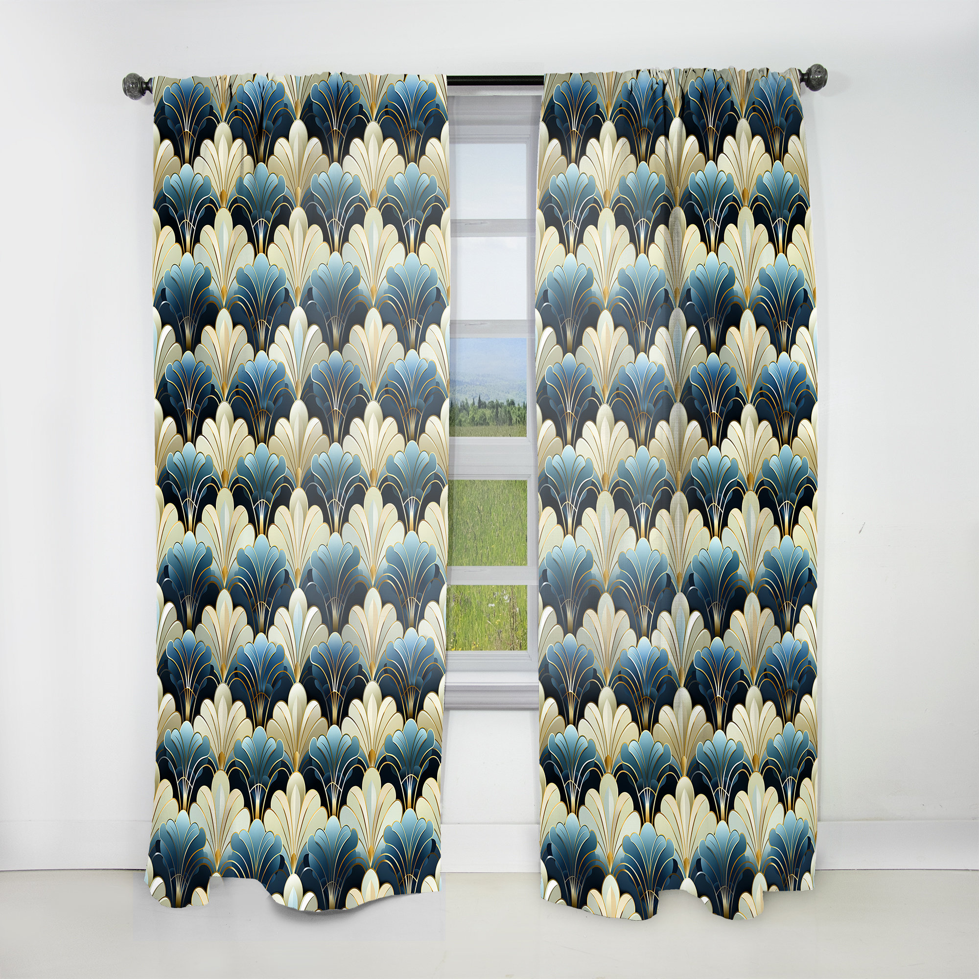 Design Art 1970s Blue And Beige Damask Art Deco - Damask Curtain ...