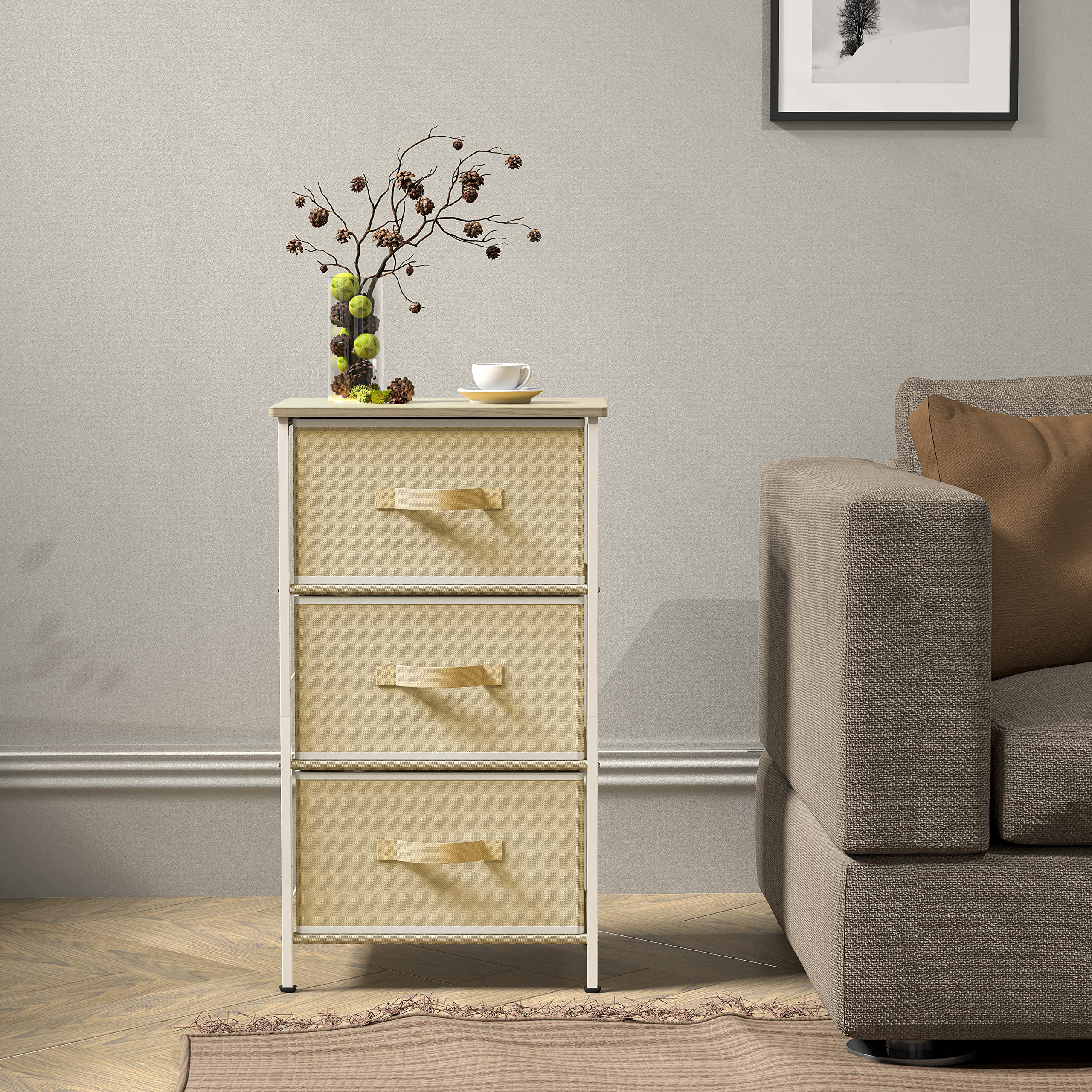 Ebern Designs Beige 3-Tier Shelf Dresser With Collapsible Baskets ...