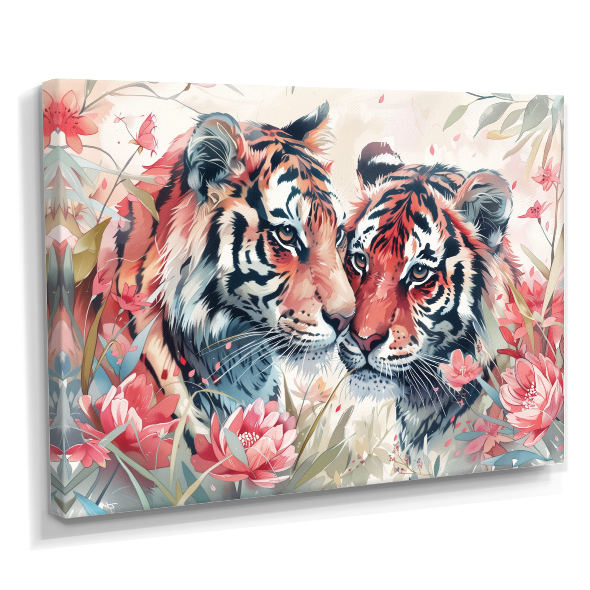 Bungalow Rose White Pink Tigers Flowers Meadows - Tiger Animal Wall Art ...