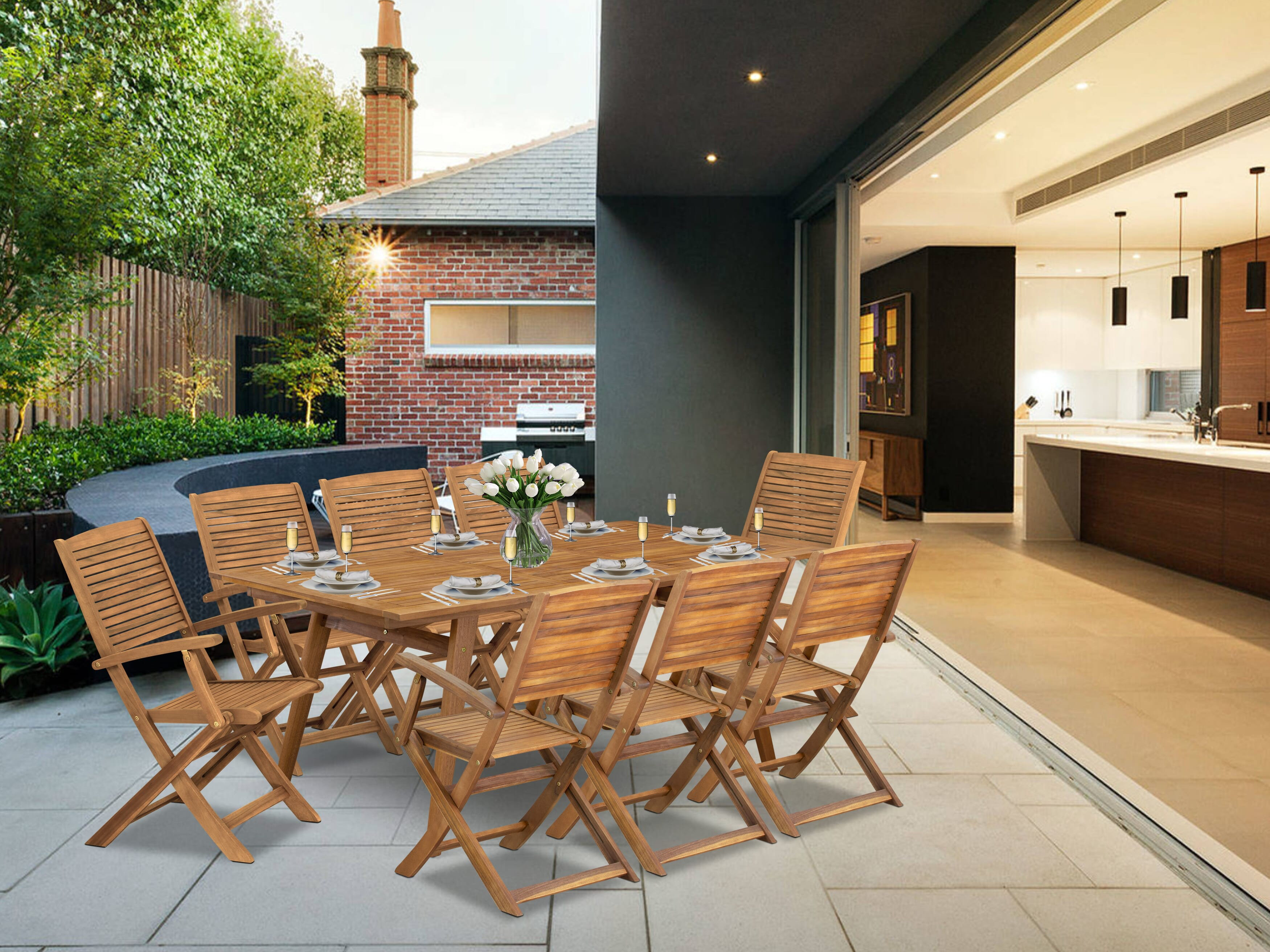 Winston Porter 9 Piece Outdoor Dining Sets Contains a Rectangle Acacia ...