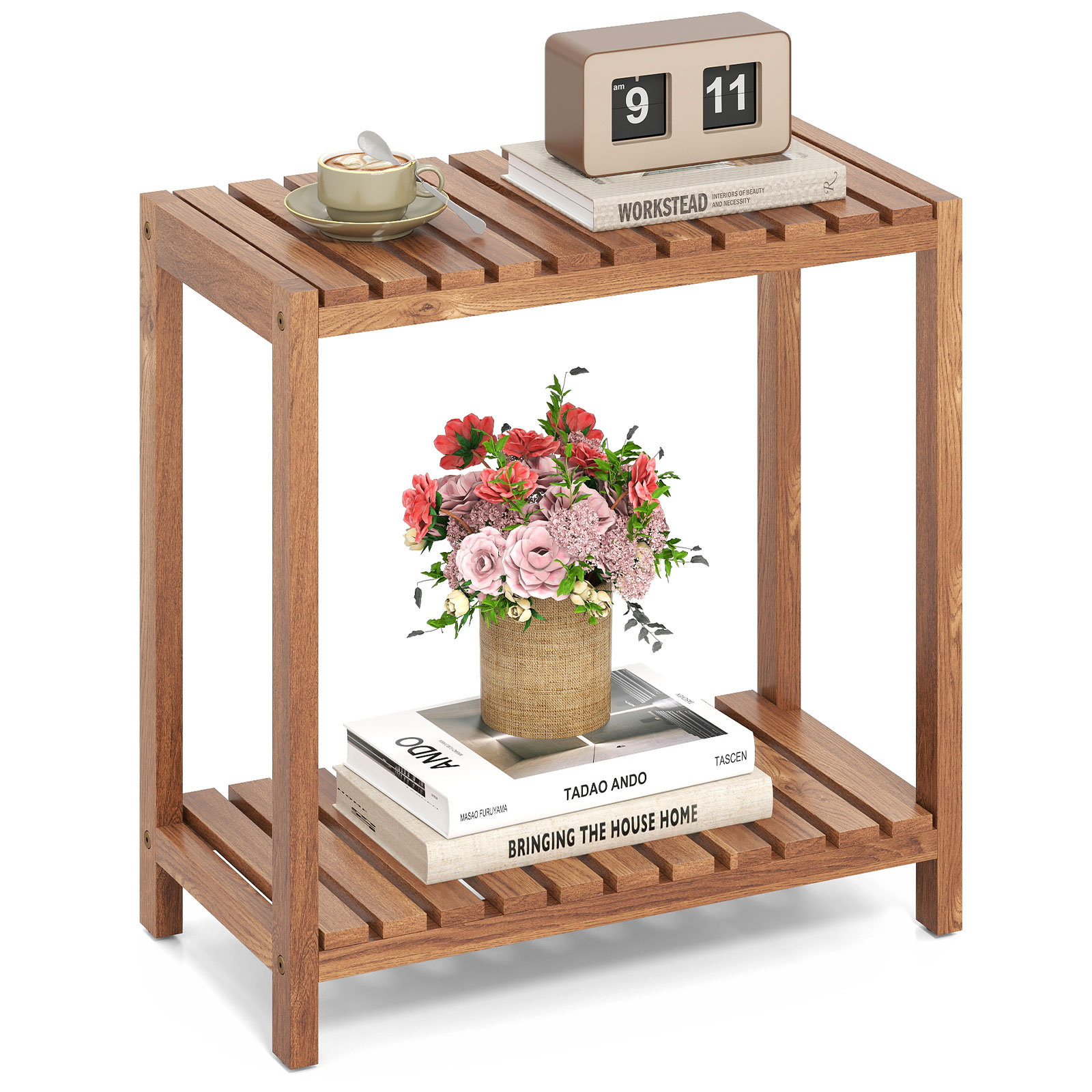 Rebrilliant 2PCS 2-Tier Side Table Teak Wood Stand Utility Storage ...