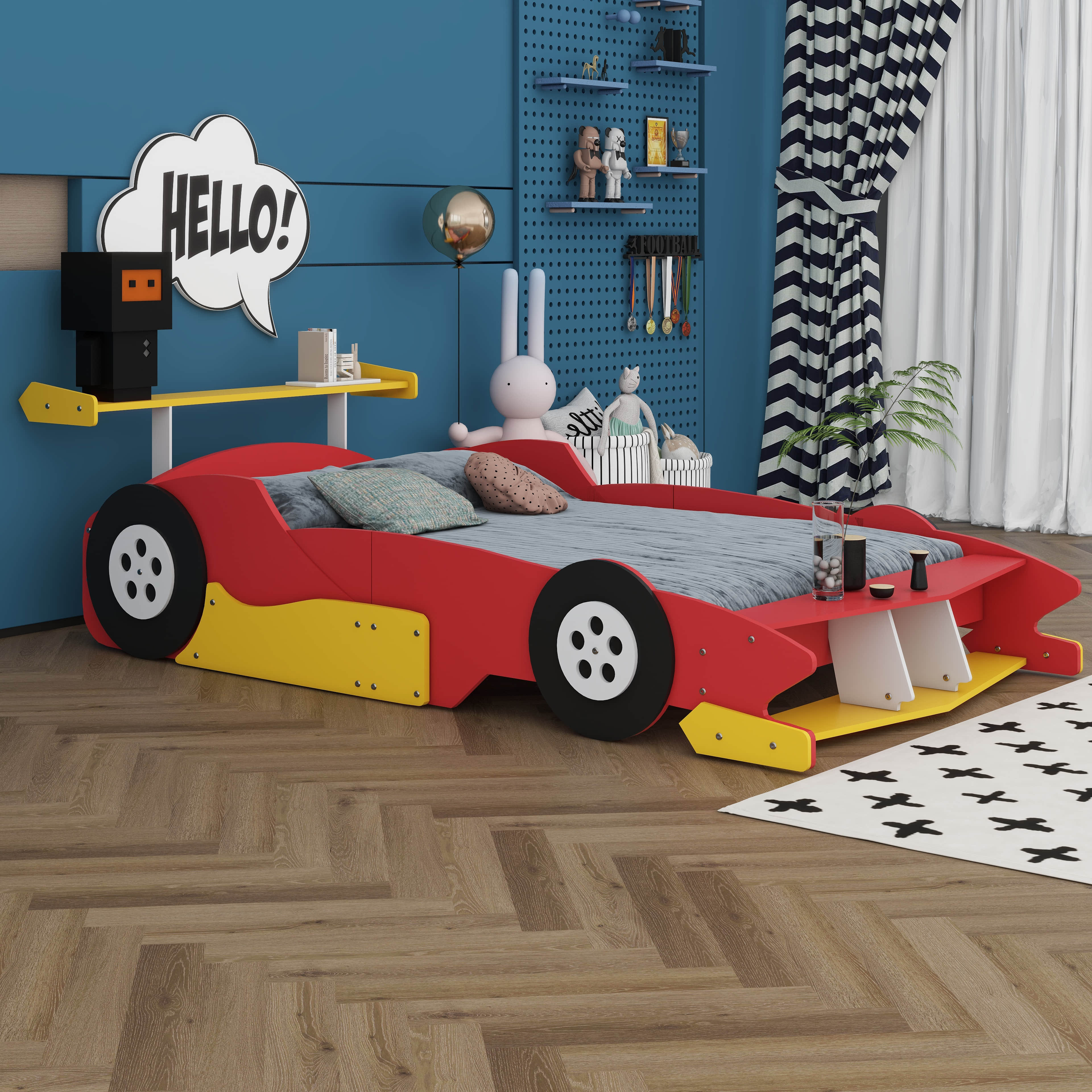 Latitude Run® Full Size Race Car Bed For Kids, Wood Car-Shaped Platform ...