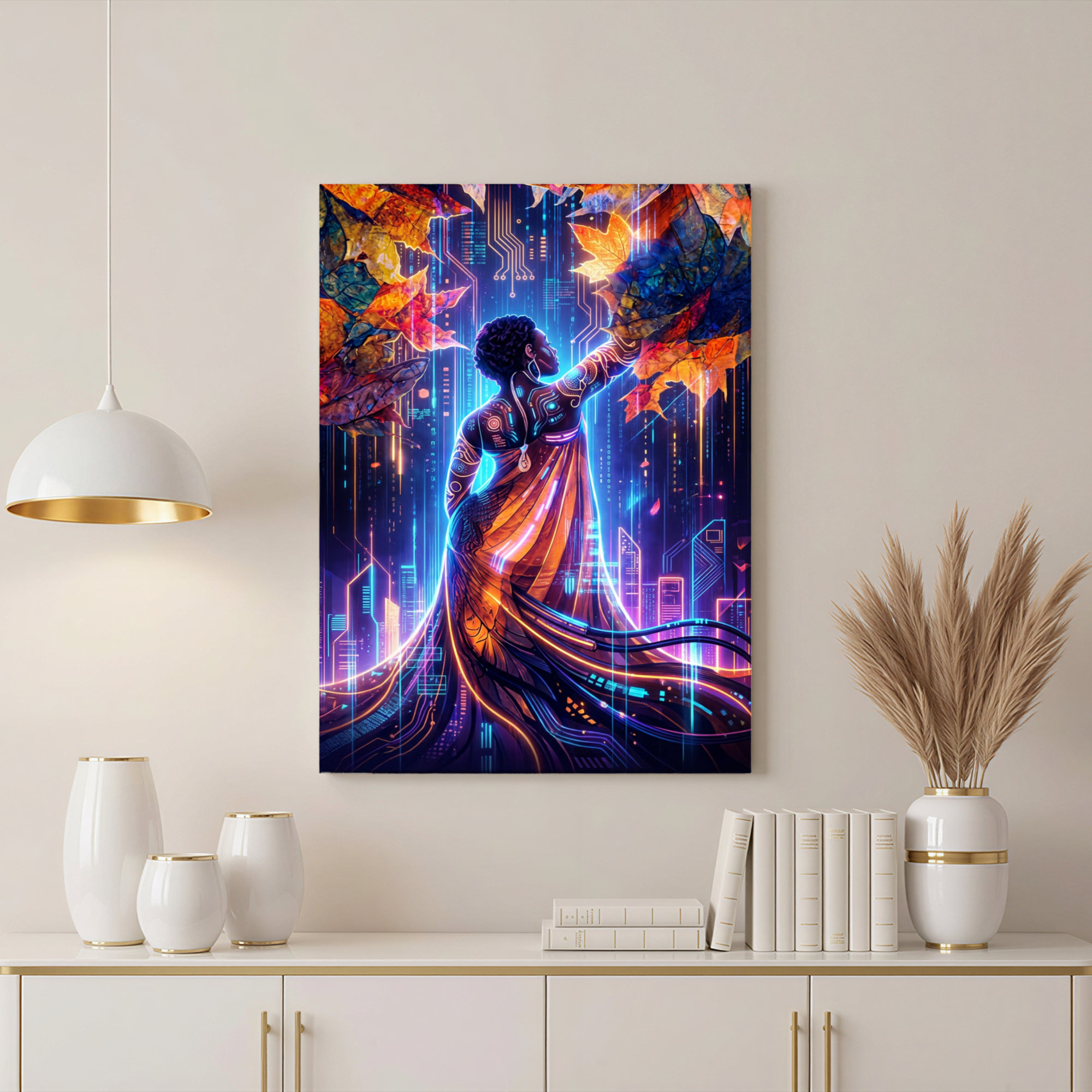 Wrought Studio Cyberpunk Woman With Neon Circuitry And Autumn Leaves ...