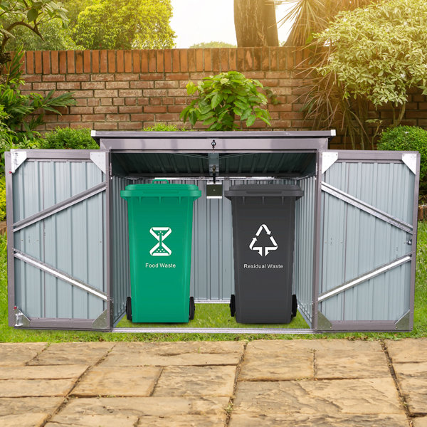 HOA.WWC Metal Outdoor Garbage Bin Shed For 2 Trash Cans With Sloped ...