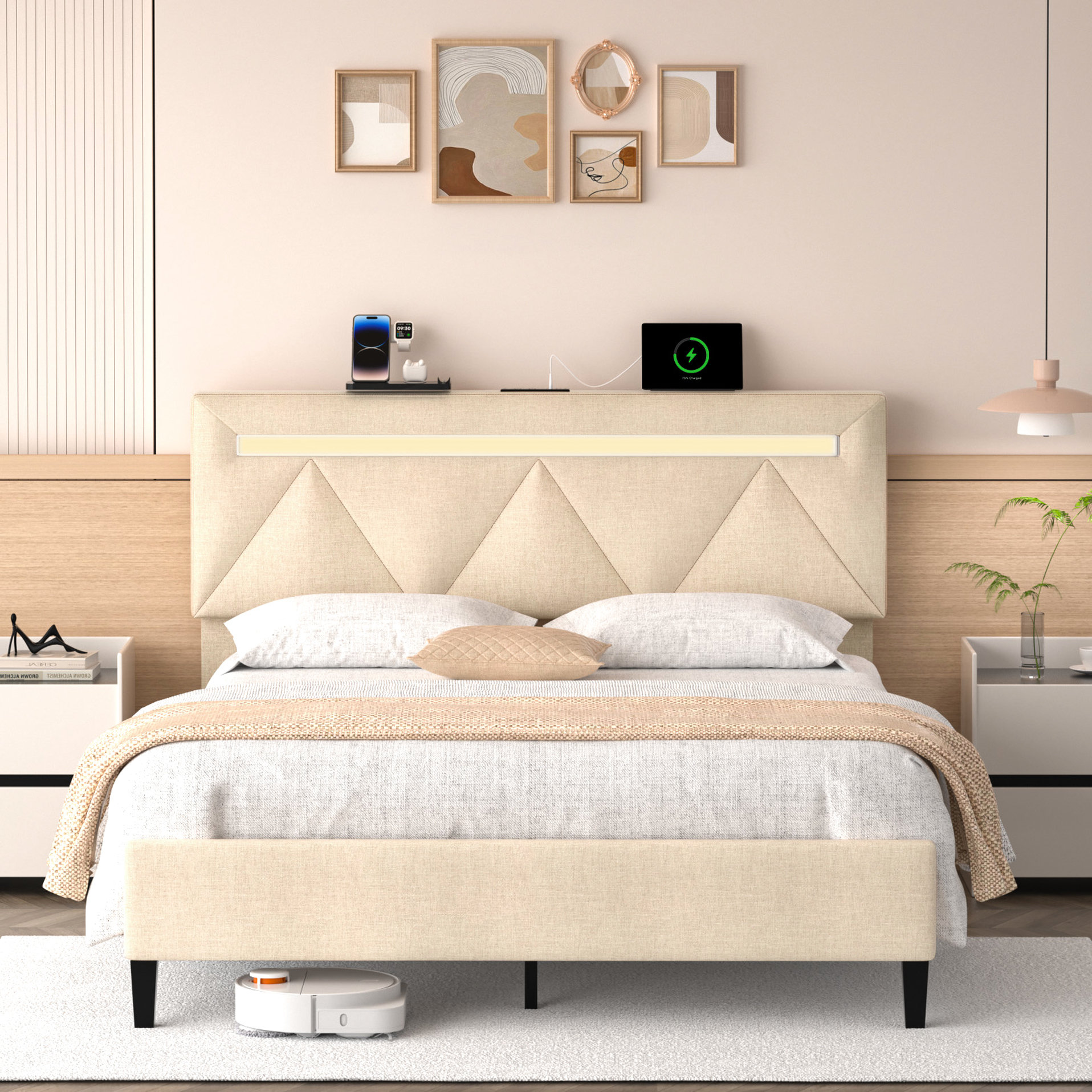 Latitude Run® Full Size Upholstered Bed Frame, 4 - Port Charging Hub ...