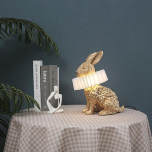 Trinx Gold Resin Rabbit Table Lamp With White Pleated PC Shade And USB ...