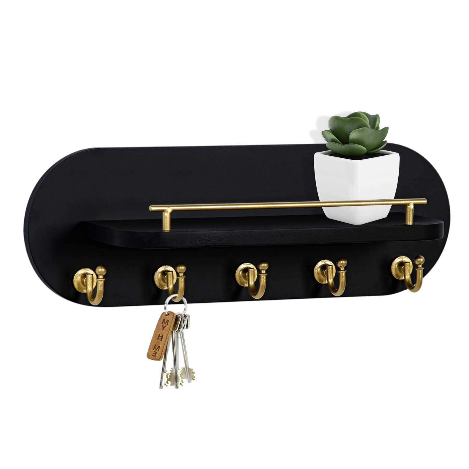 Mercer41 Wall Mounted Wooden Key Rack With 5 Gold Hooks And Rails | Wayfair