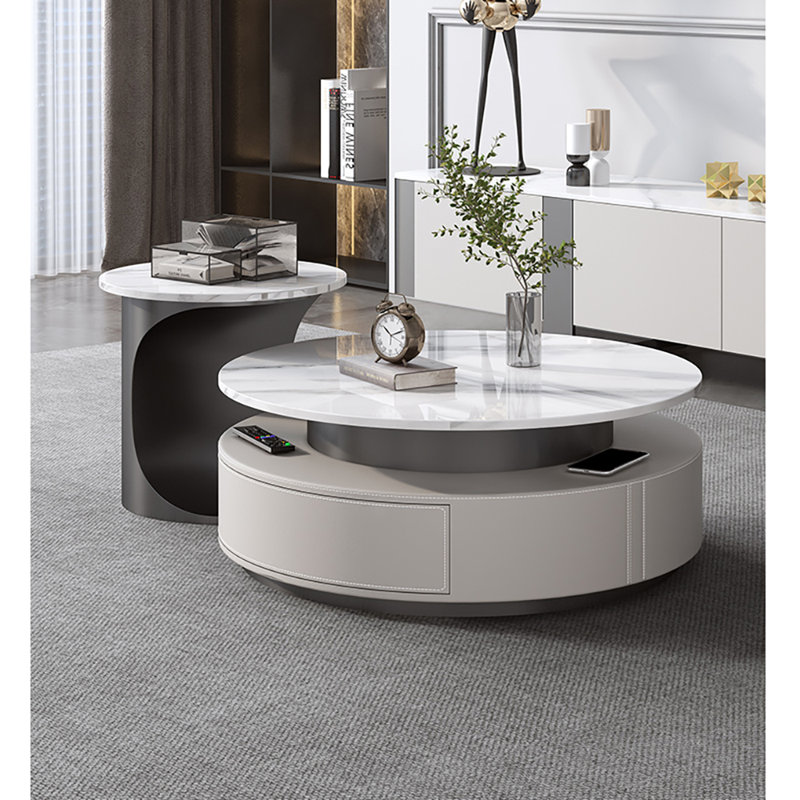 Hokku Designs Erramun Round Nesting Coffee Table With Storage, Leather ...