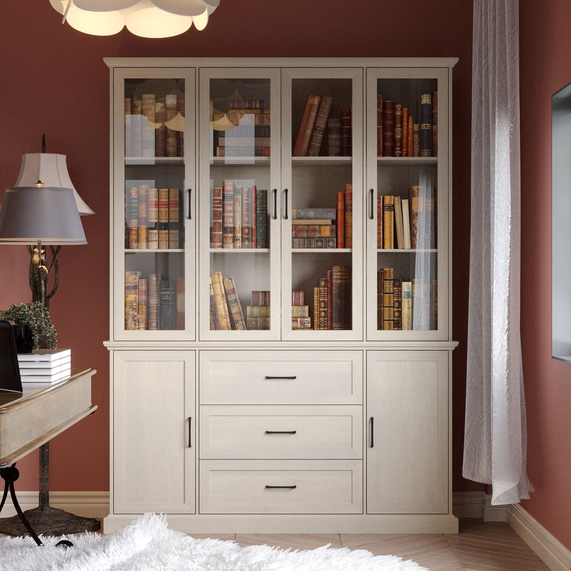 Gracie Oaks 81.7'' H X 61'' W 3-Drawer Bookcase With Glass Doors | Wayfair