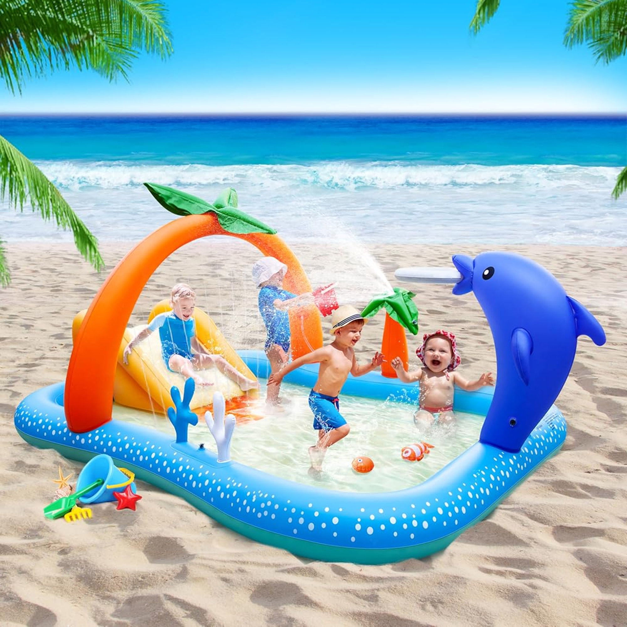 KIBNOF Kiddie Pool with Slide Inflatable Play Center Wading Lounge Kids ...