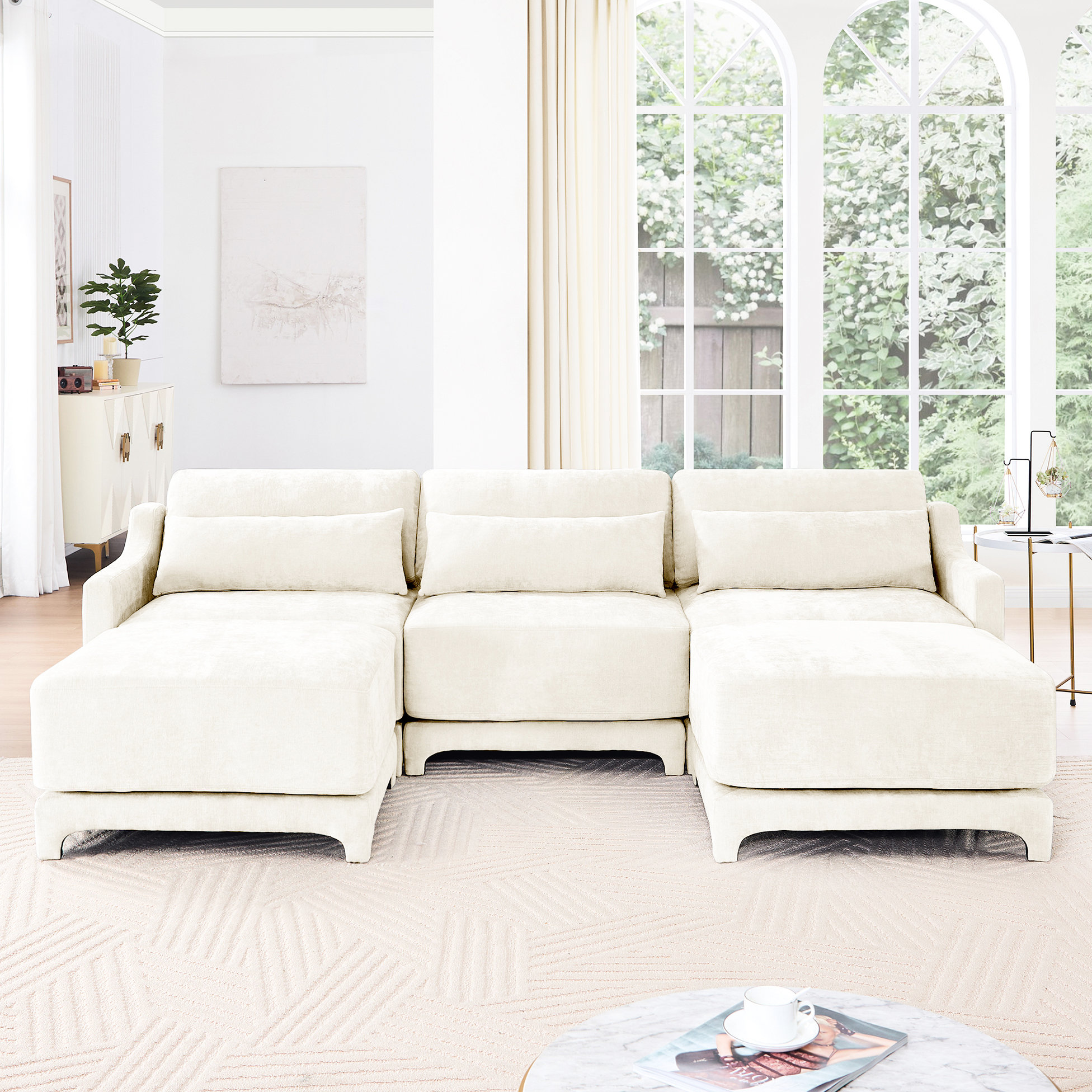 Latitude Run® Chenille Three - Seater With 2 Movable Ottomans, Lumbar ...