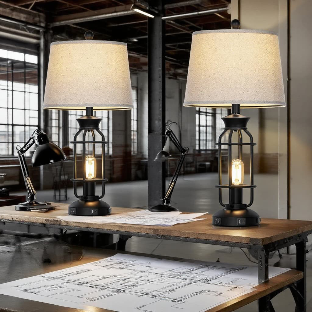 Williston Forge Industrial Table Lamps Set Of 2 With USB C/A Ports & AC ...